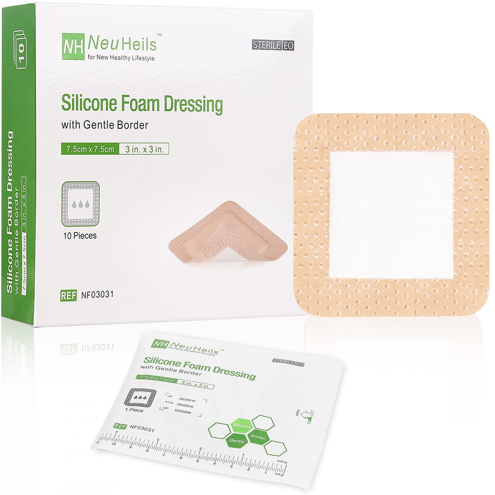 NeuHeils Silicone Adhesive Foam Dressing with Gentle Border 3''x3'' for ...