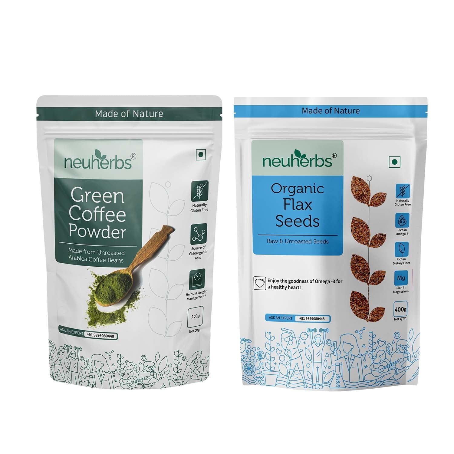 Neuherbs Green Coffee Bean Powder-200G And Flax Seeds-400G Combo Pack ...
