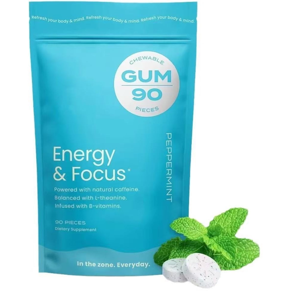 Mints Energy Caffeine Gum Energy& Focus, Peppermint Flavor (90 Pieces ...