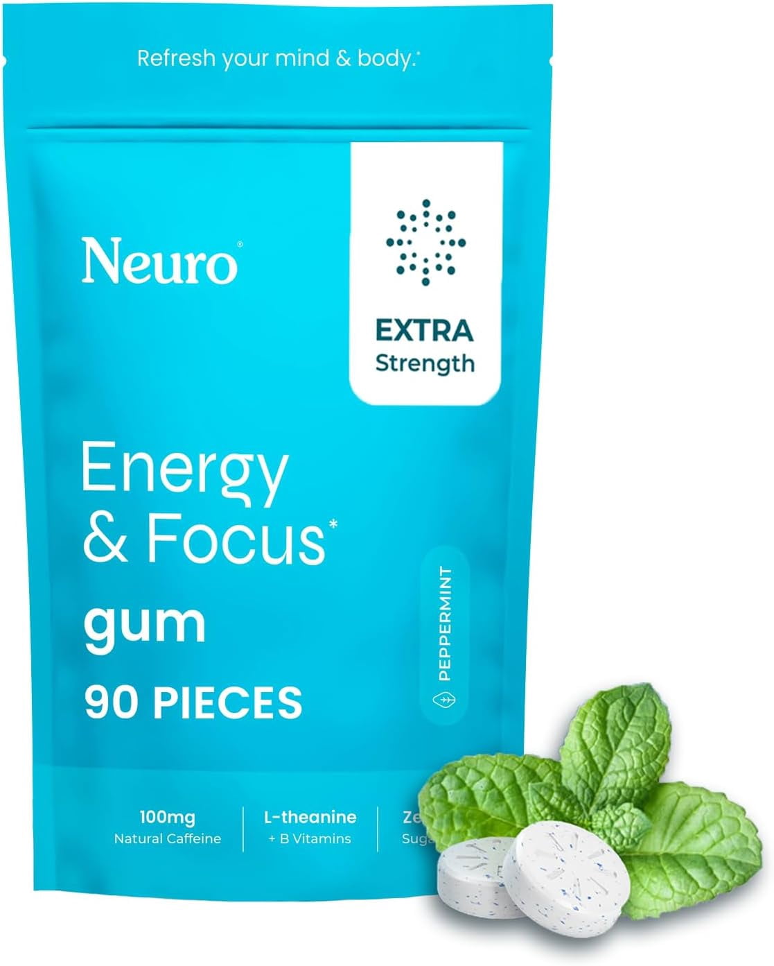 NeuroGum Extra Strength Energy & Focus Gum (90 Count Bag, Peppermint ...