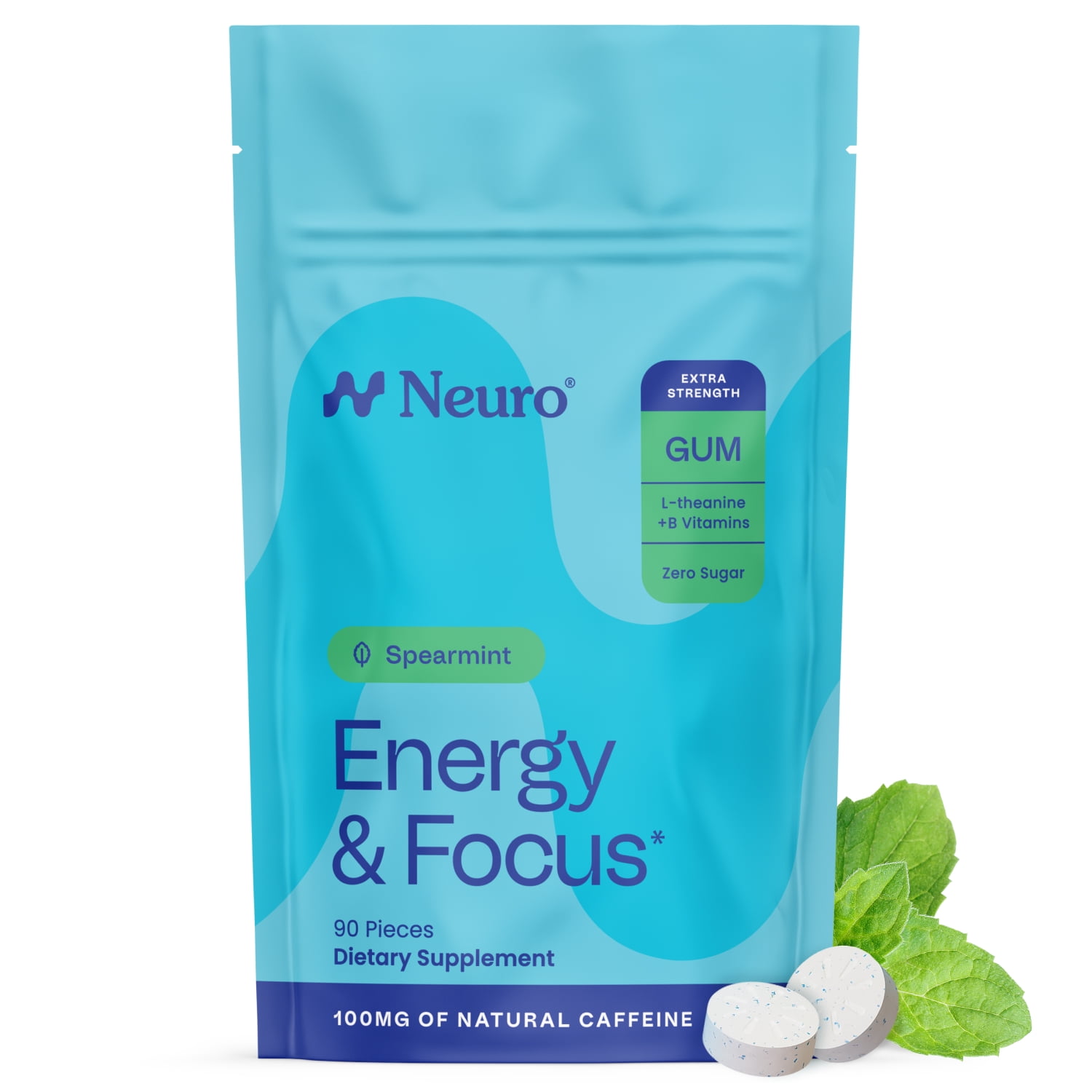 NeuroGum Extra Strength Energy & Focus Gum (90 Count Bag, Spearmint ...