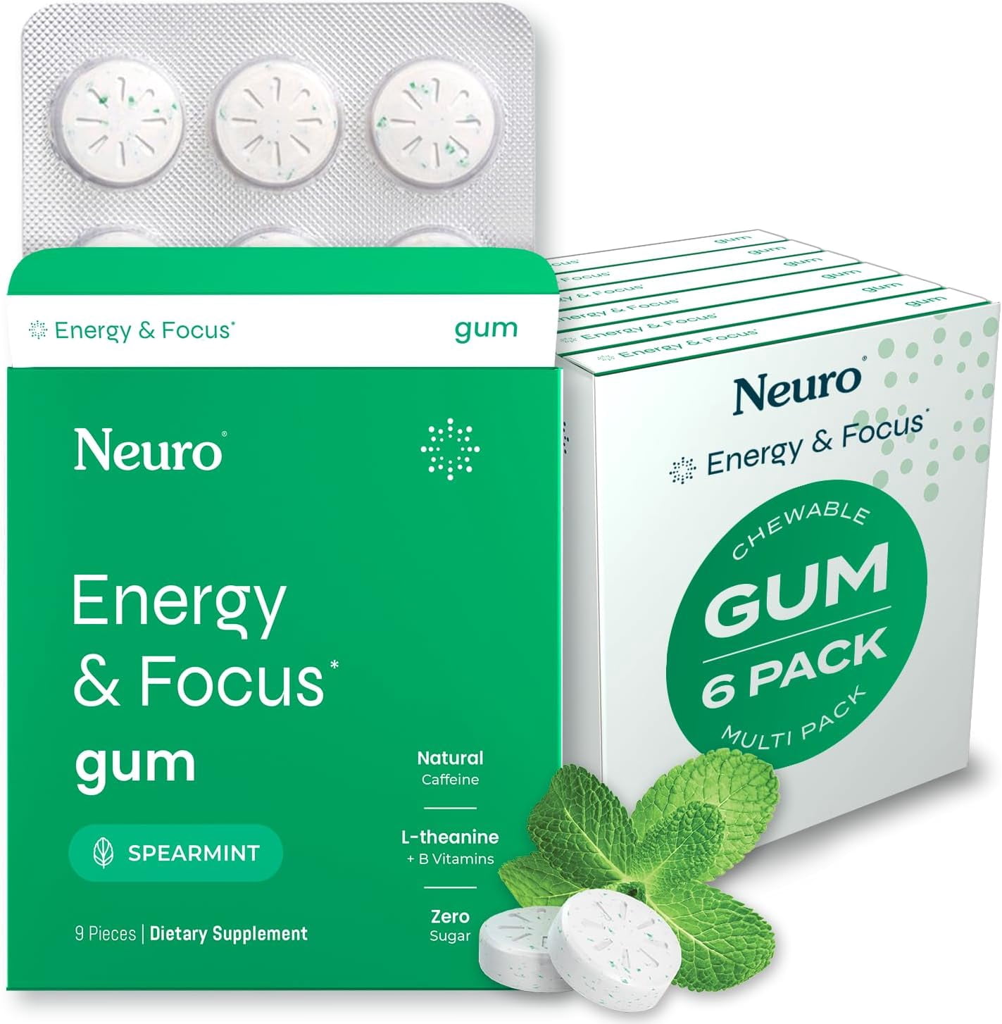 NeuroGum Energy & Focus Gum (54 Count-6 Pack, Spearmint) | 40mg Natural ...