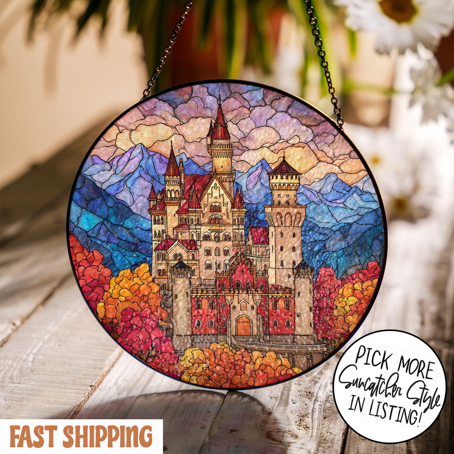 Neuschwanstein Castle Stained Glass Suncatcher, Fairytale German ...