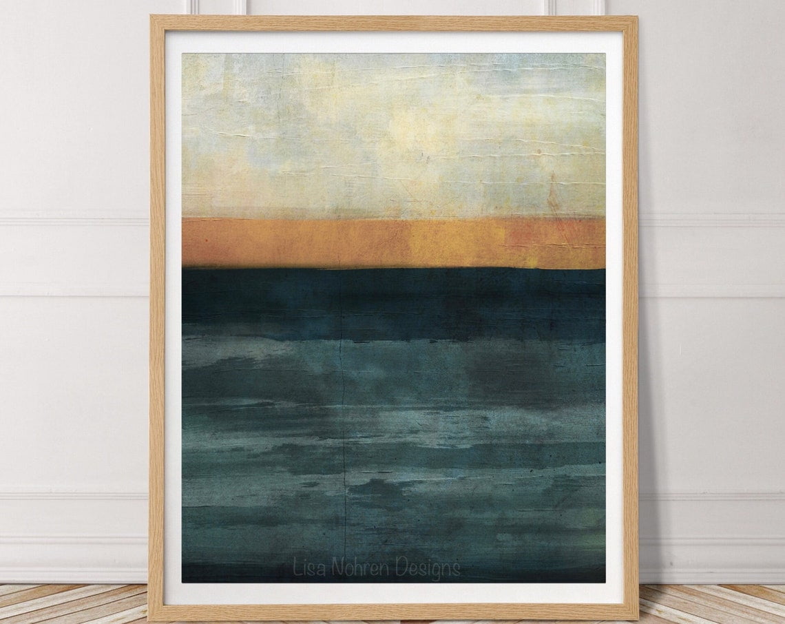 Neutral Abstract Landscape Wall Art: Minimalist Orange & Blue Modern ...