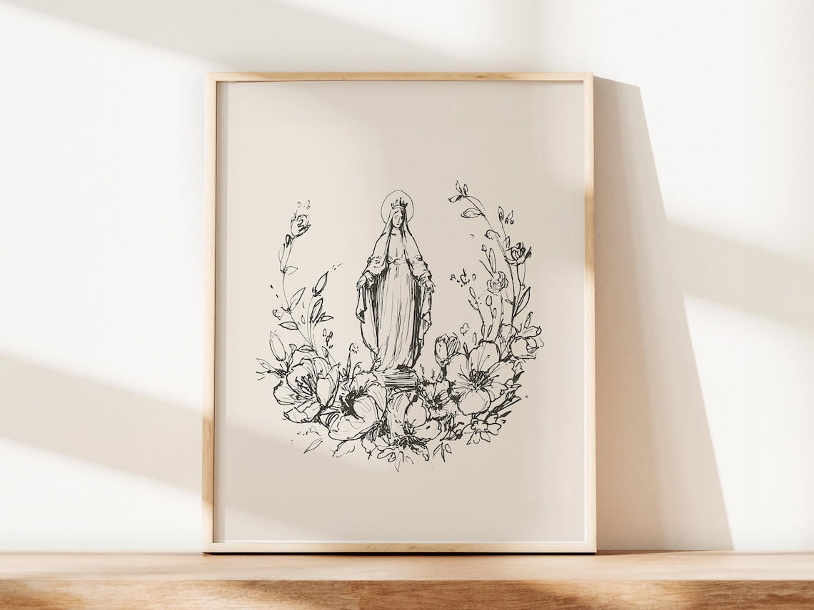 Neutral Artful Virgin Mary Sketch Blessed Mother Art Artful Hand ...