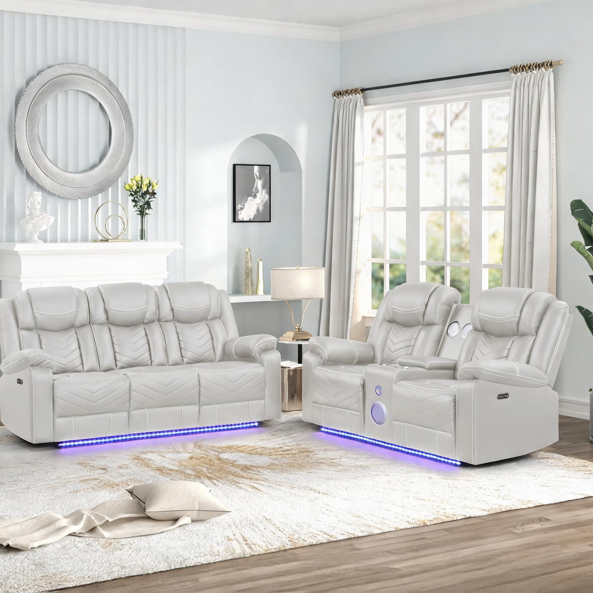 Neutral Beige Faux Leather Power Reclining Sofa and Loveseat Set with ...