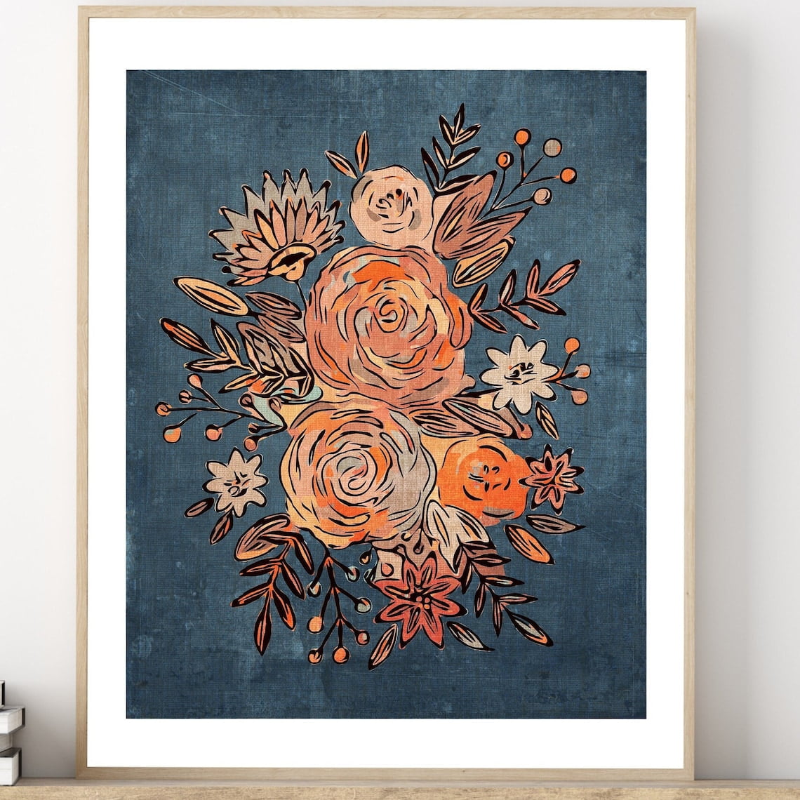 Neutral Boho Floral Wall Art: Abstract Rose And Plant Botanical In Navy ...