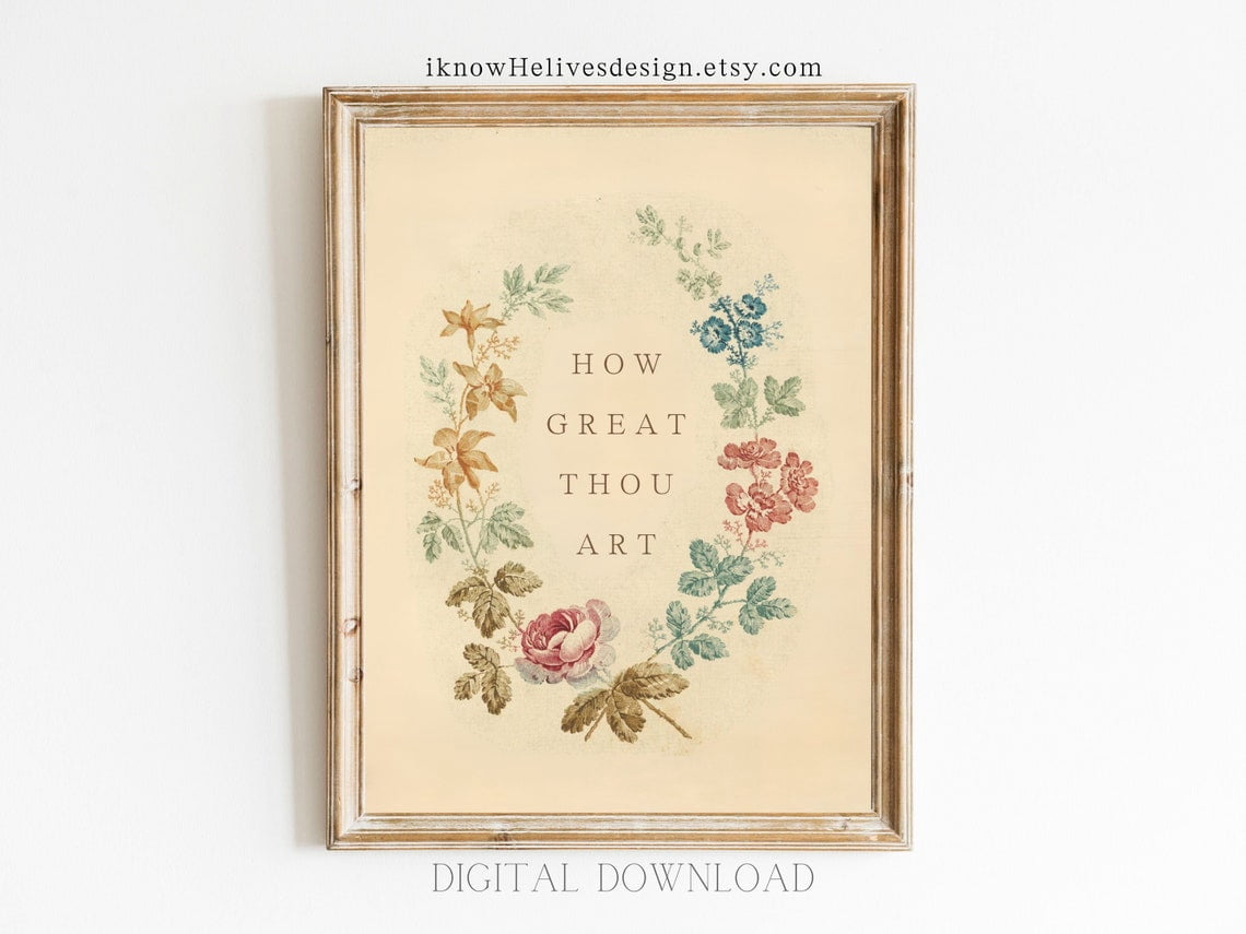 Neutral Christian Nursery Floral Sketch Drawing Print How Great Thou ...