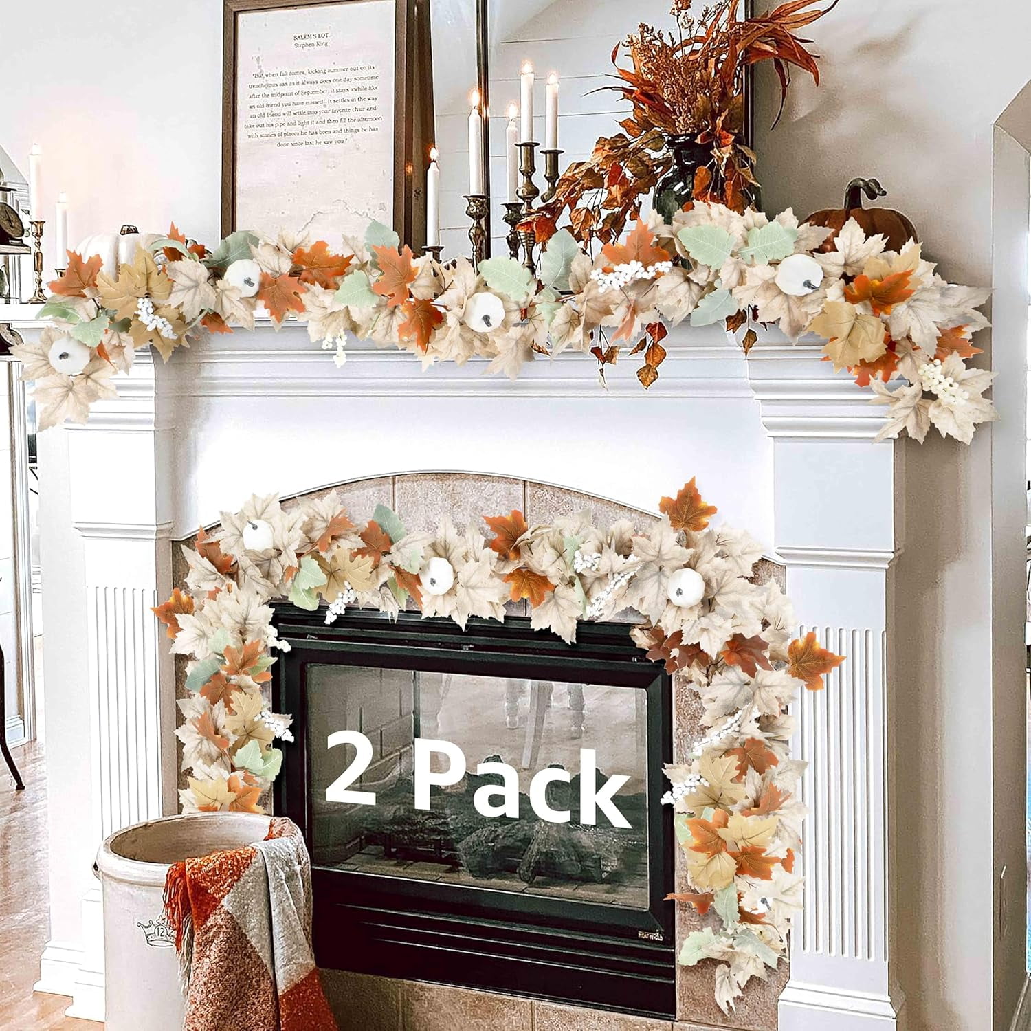 Neutral Fall Garland for Mantle Fireplace - 5.8Ft Outdoor Autumn Leaves ...