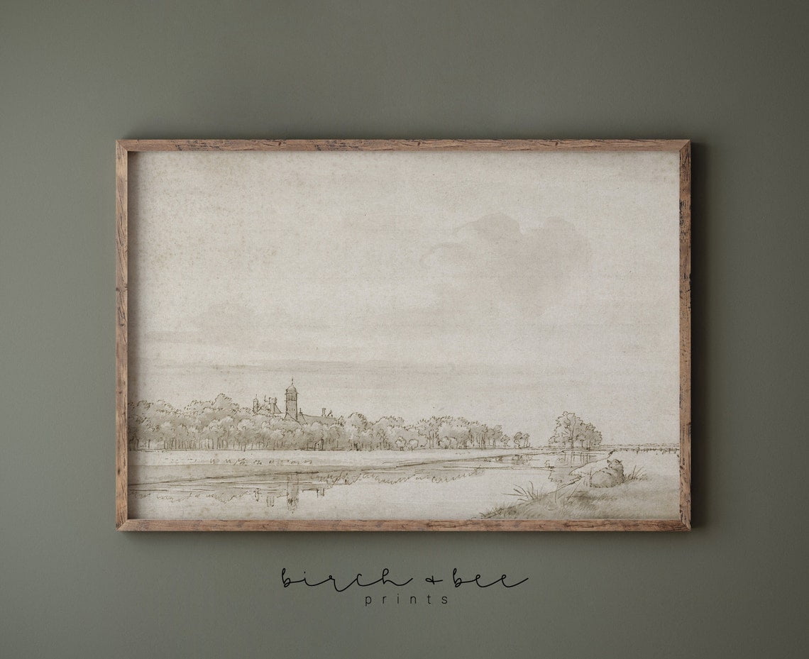 Neutral Farmhouse Art Print Vintage Drawing Sheep By River #141 Wall ...