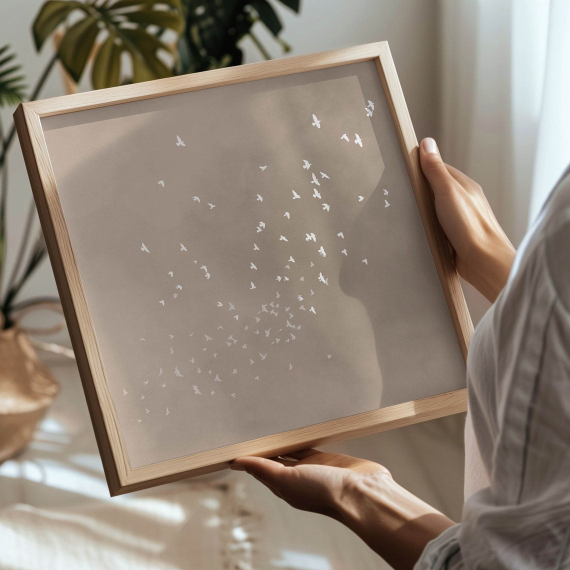 Neutral Flock Of Birds Square Wall Art Print, Abstract Painting ...