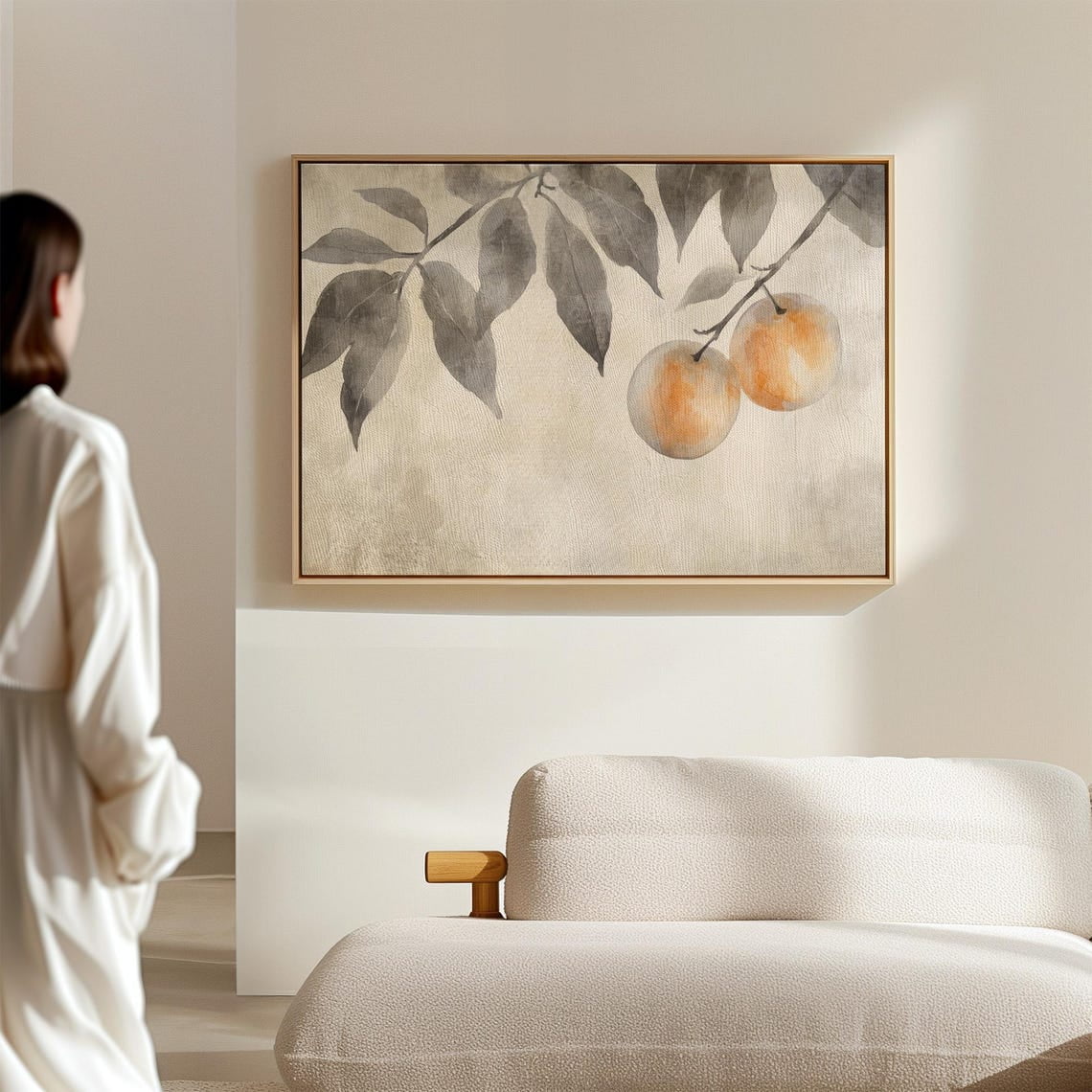 Neutral Fruit Branch Wall Art Watercolor Persimmons With Gray Leaves ...