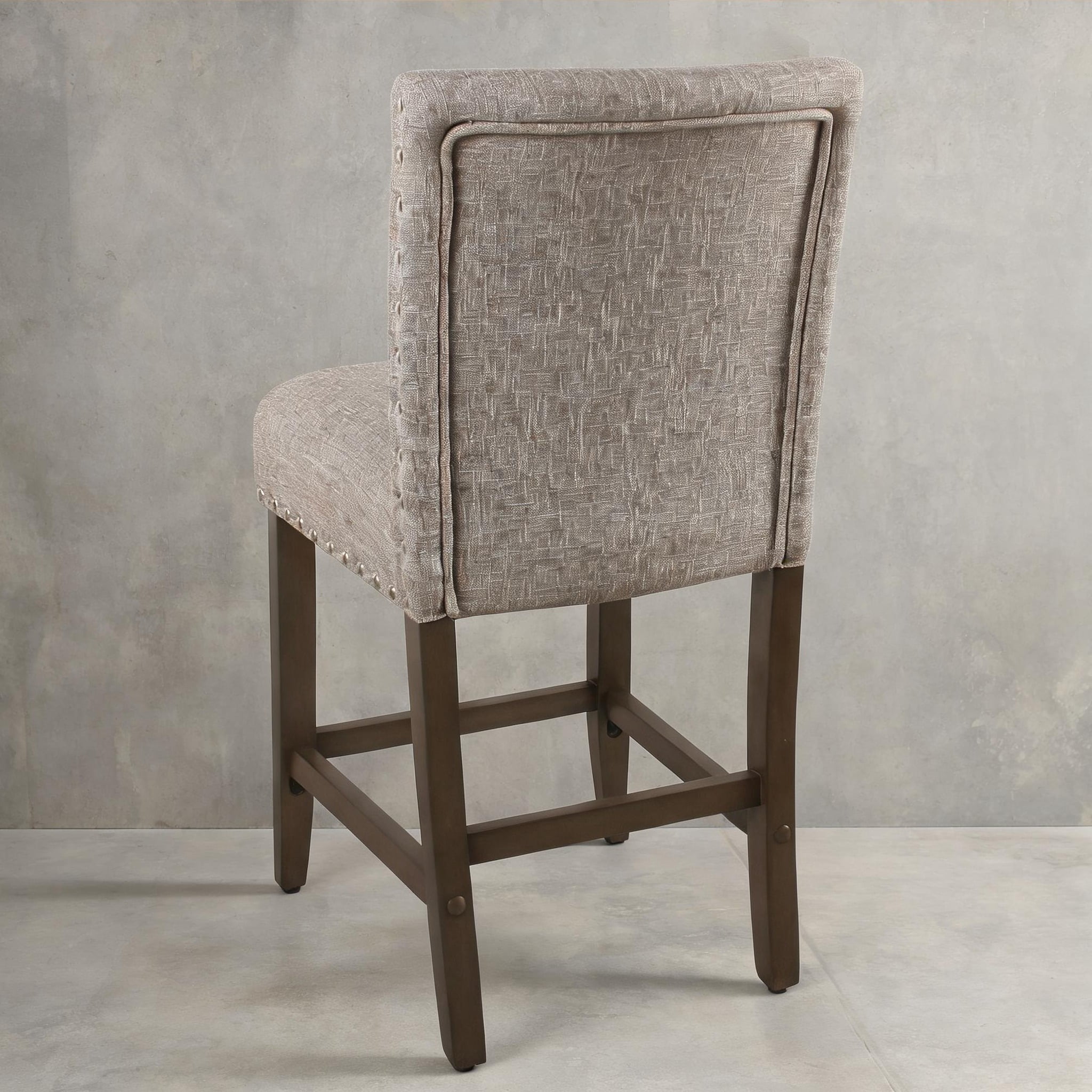 Neutral Gray Fabric Counter Stool with Brown Wood Legs, Nailhead Trim ...