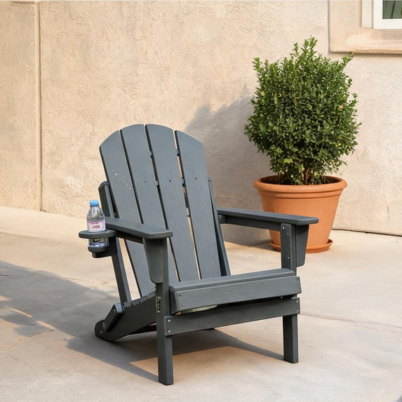 Neutral Gray HDPE Folding Adirondack Chair with Integrated Dual Cup ...