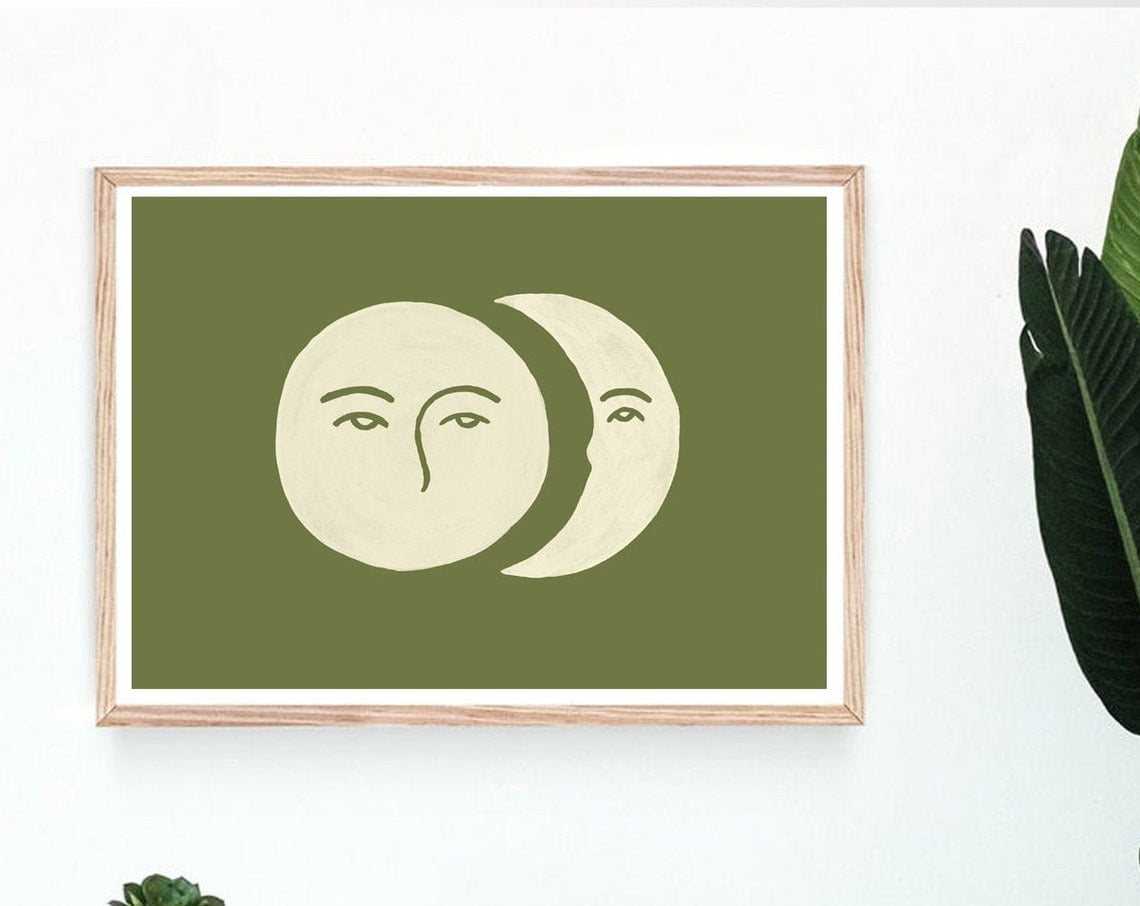 Neutral Green Moon, Moon Phases Abstract, Landscape Print, Minimal Art ...