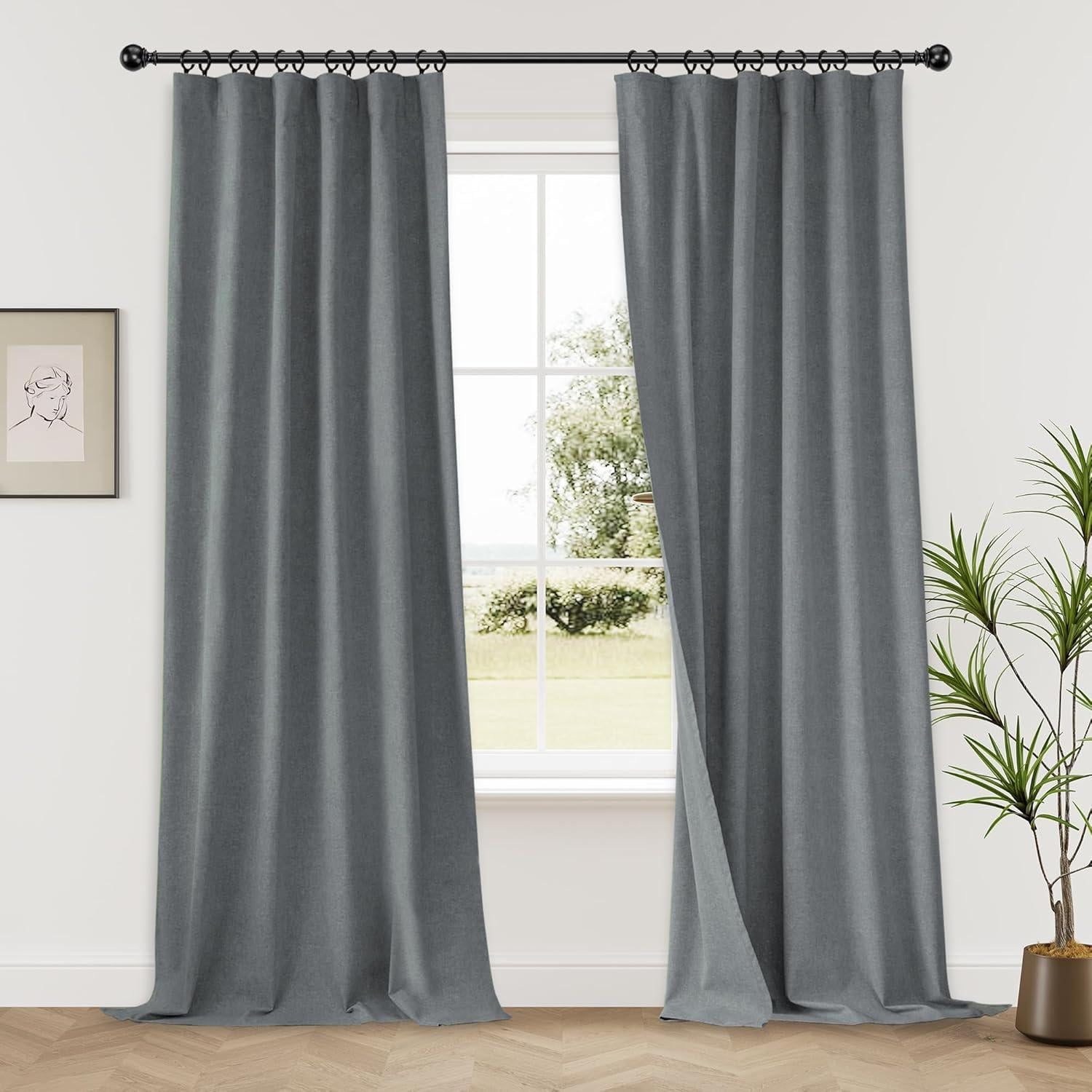 Neutral Grey Blackout Linen Curtains 90 Inches Long 2 Panels Set for Living Room, Rod Pocket ...