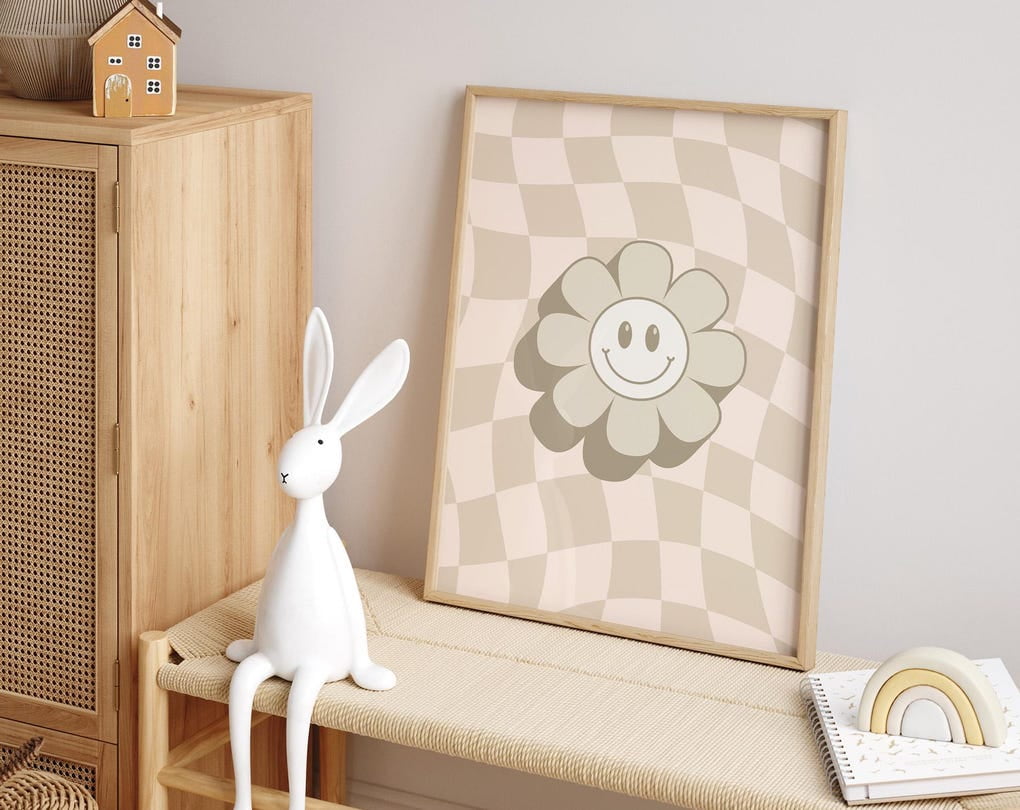 Neutral Kids Decor, Beige Playroom Print, Smiley Face Flower, Nursery ...