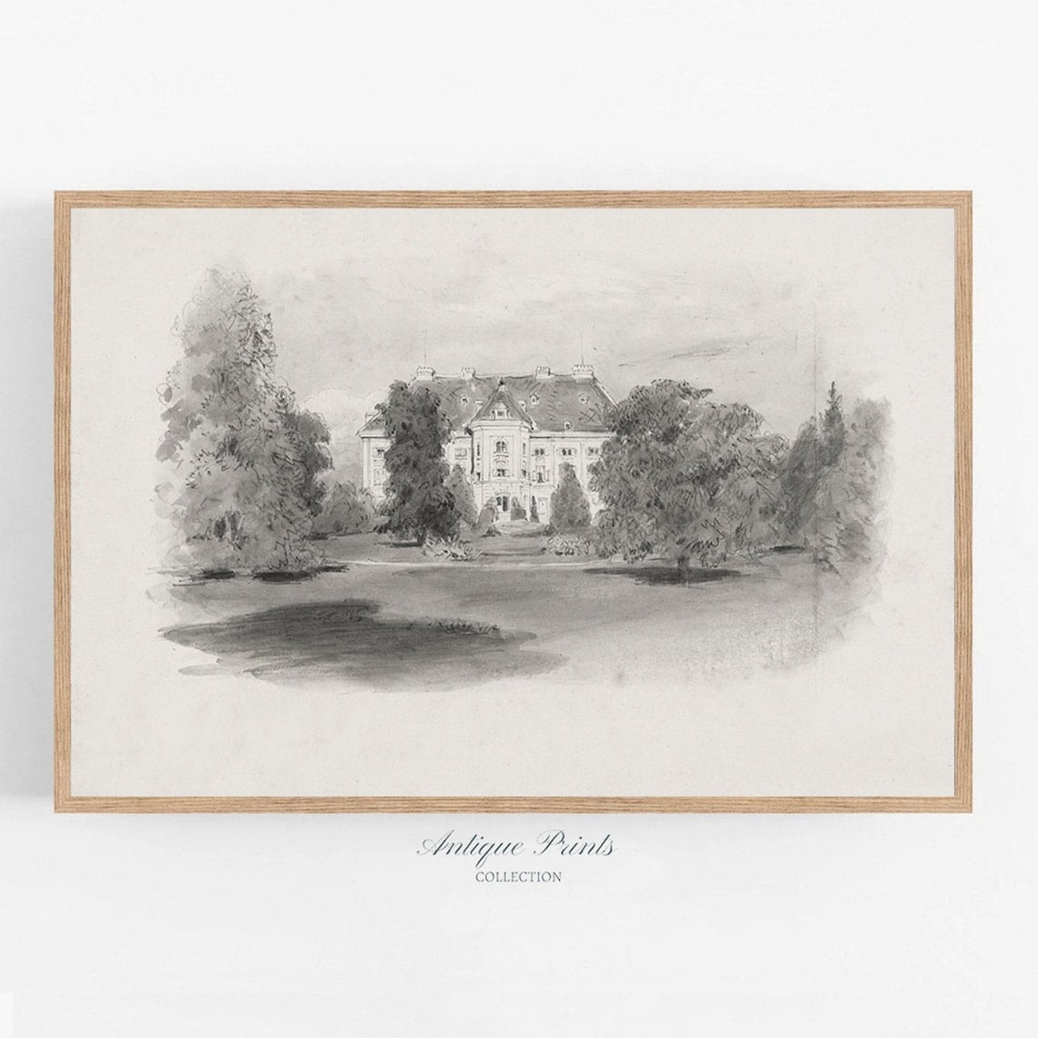 Neutral Landscape Sketch Art, Vintage Cottage Drawing, Antique Nature ...