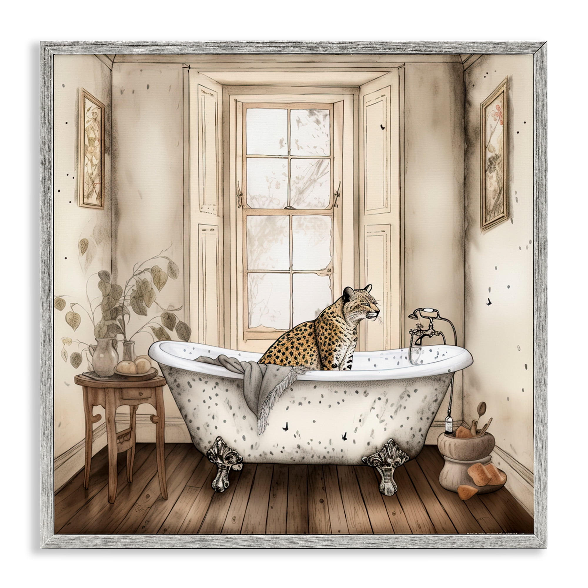 Neutral Leopard Bathtime Gray Framed Giclee Art, design by Sasha ...
