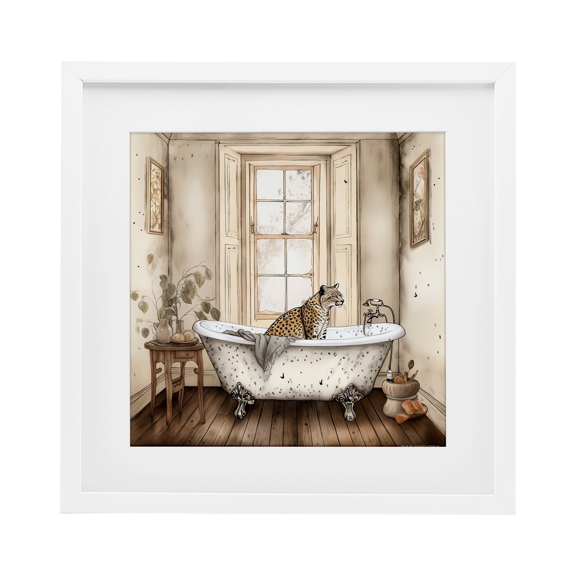 Neutral Leopard Bathtime White Framed Print Under Glass, design by ...