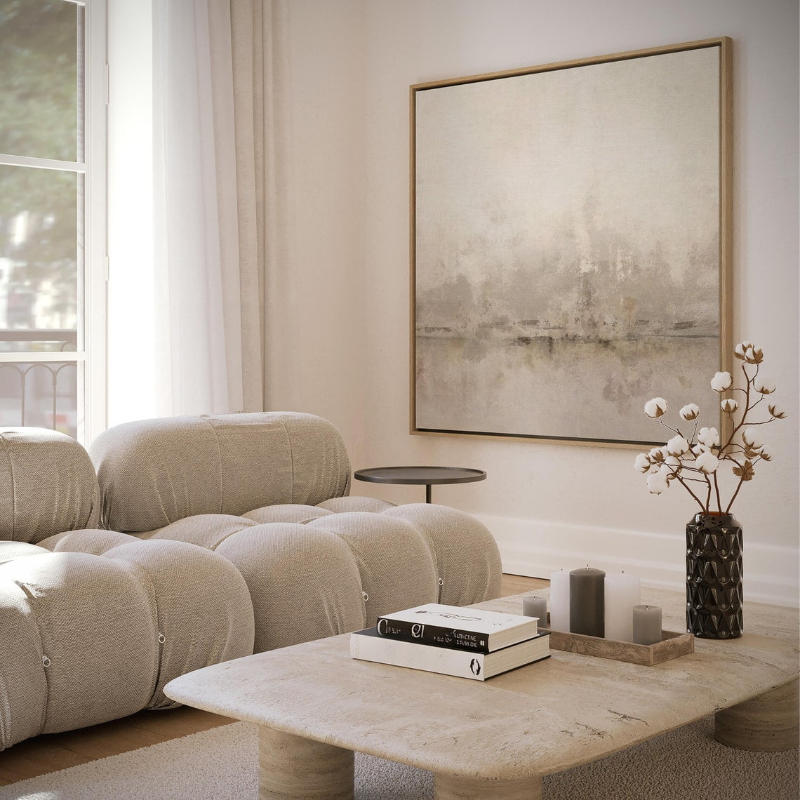 Neutral Minimalist Wall Art, Square Landscape Print, Abstract Painting, Large Living Room Decor ...