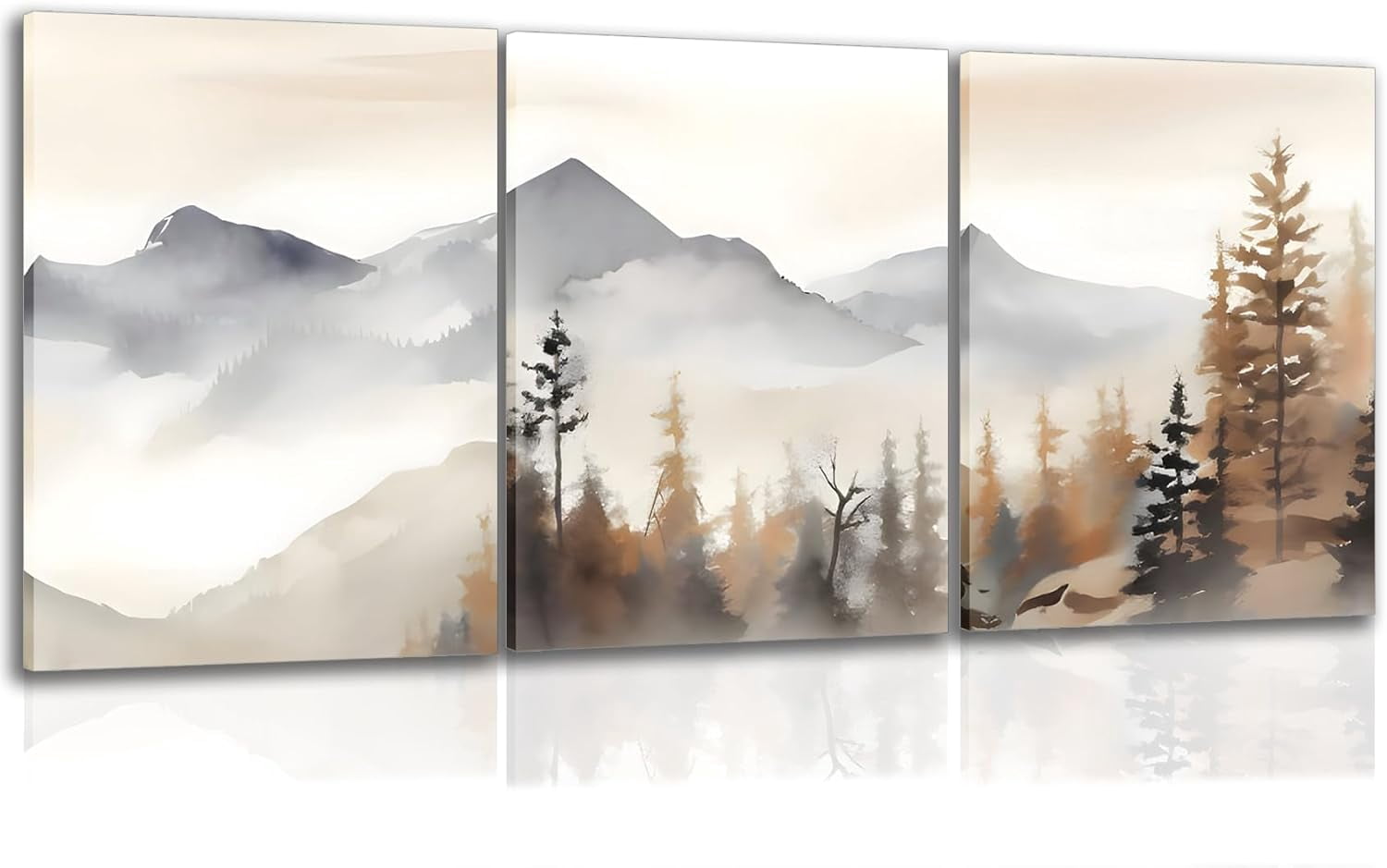 Neutral Mountain Wall Art Set of 3 Forest Landscape Canvas Artwork ...