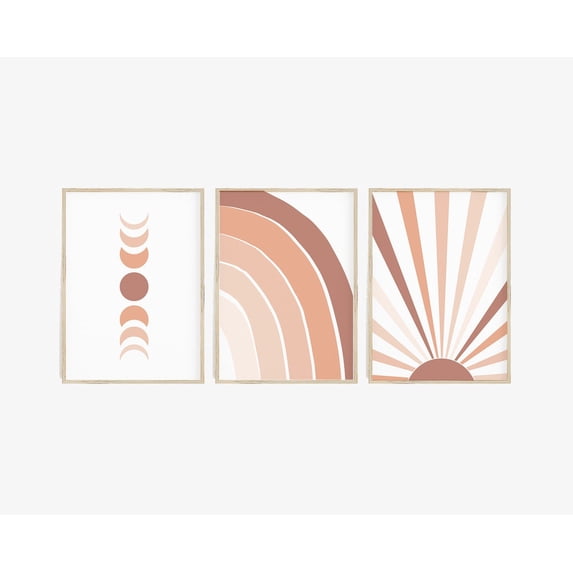 Neutral Nursery Print Set Abstract Sun Moon Phases Rainbow Boho Art Set ...