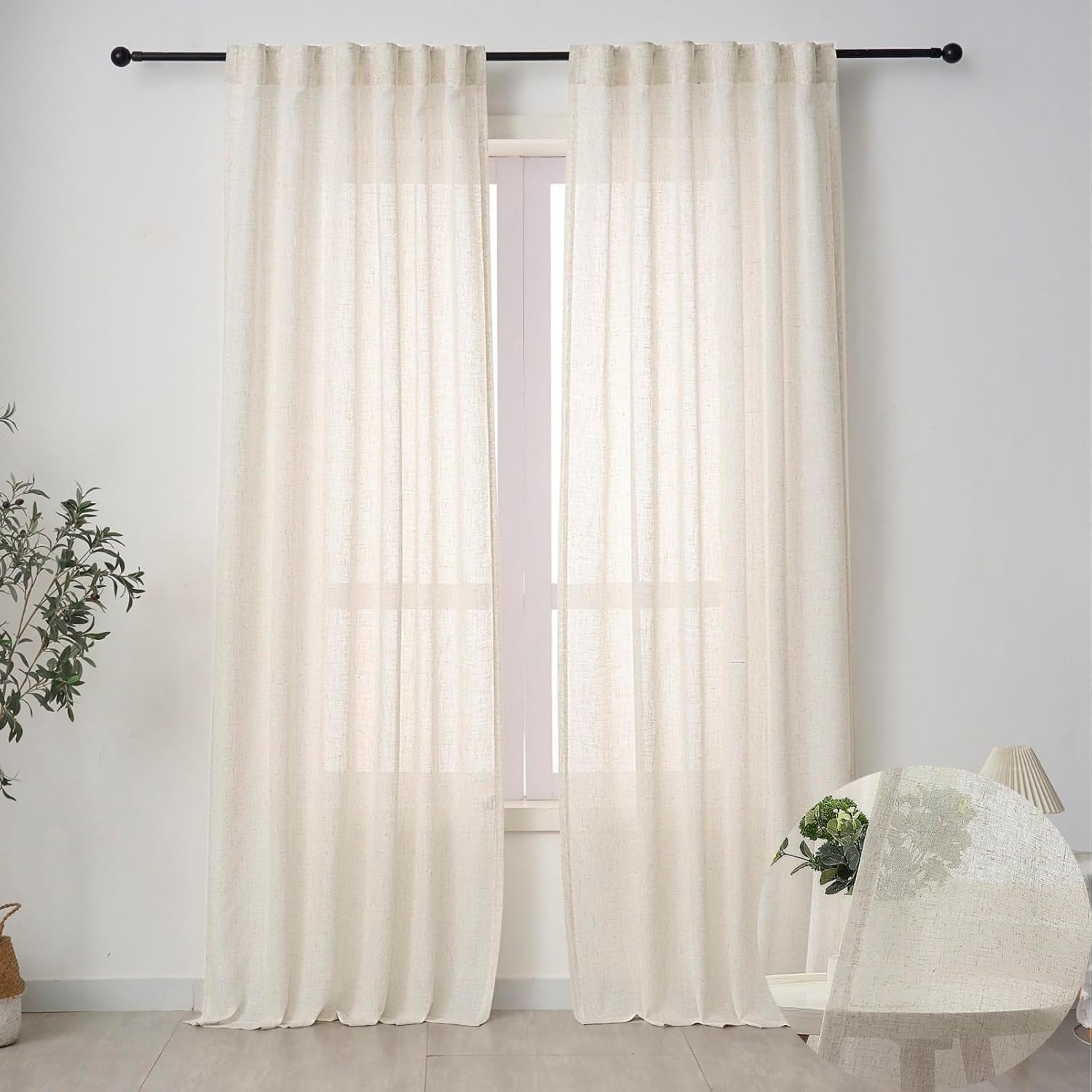 Neutral Sheer Linen Curtains 96 Inches Long, Flax Semi Sheers 2 Panels ...