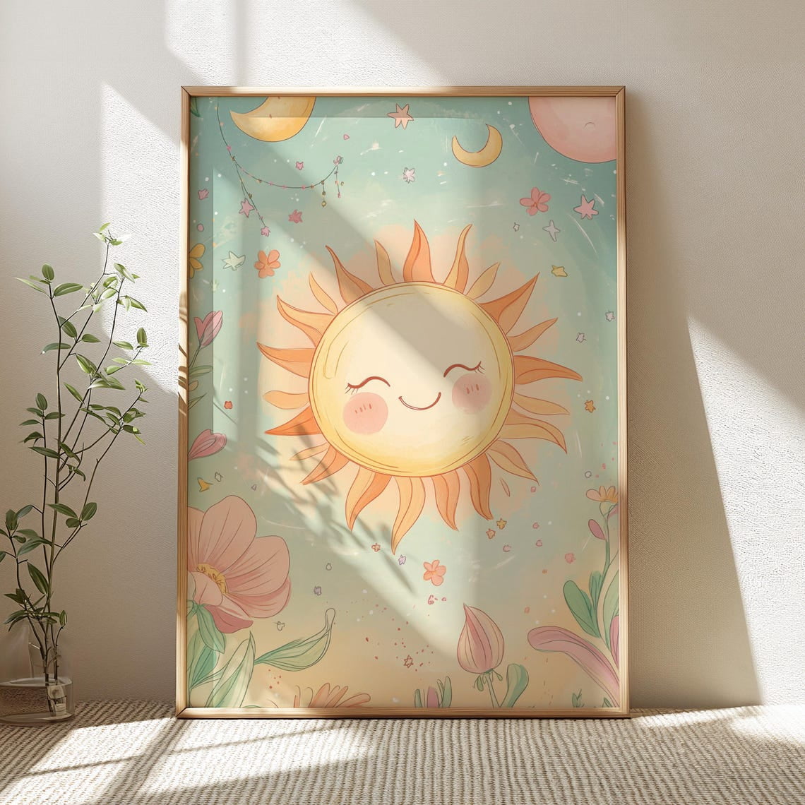 Neutral Sun Cloud Moon Art, Nursery, Gender Neutral Room, Sage Green ...