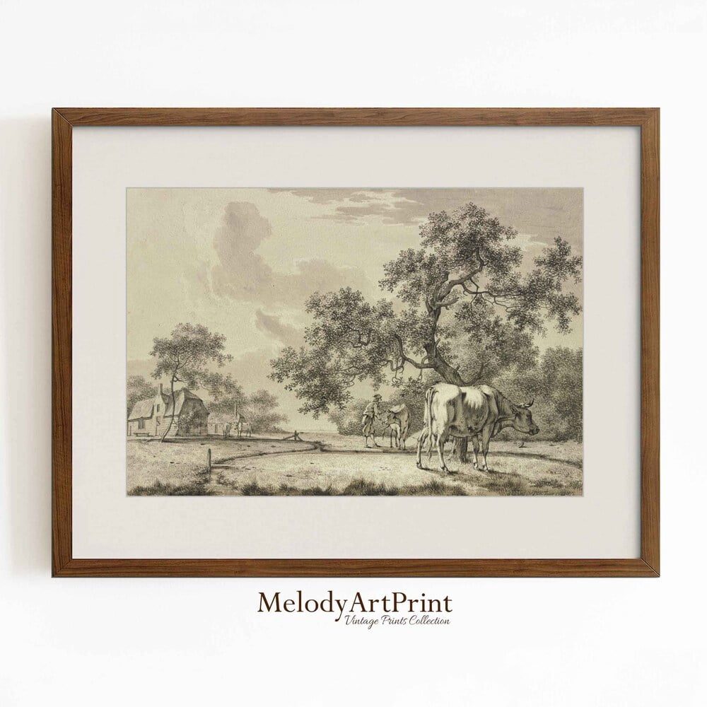 Neutral Vintage Landscape Pencil Drawing Print Cow Sketch Art Country ...