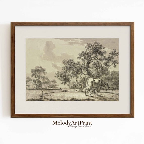 Neutral Vintage Landscape Pencil Drawing Print Cow Sketch Art Country ...