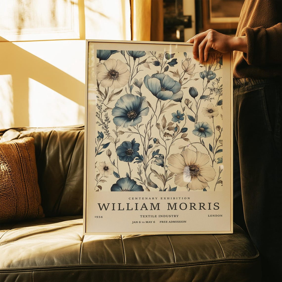 Neutral Wall Art For Living Room – Blue And Beige Floral Print Inspired ...