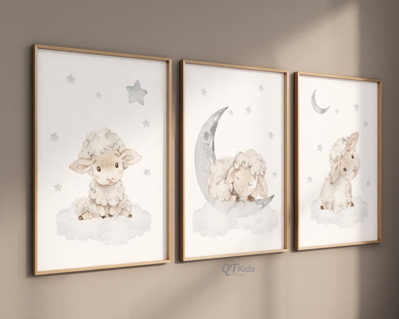 Neutral sheep-themed children's room decor, art of sleeping sheep with ...