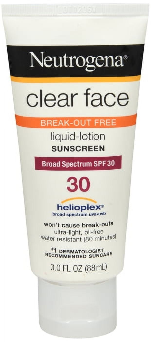 Neutrogena Clear Face Oil-Free Sunblock, Liquid Lotion Sunscreen for Acne-Prone Skin, SPF 30, 3 ...