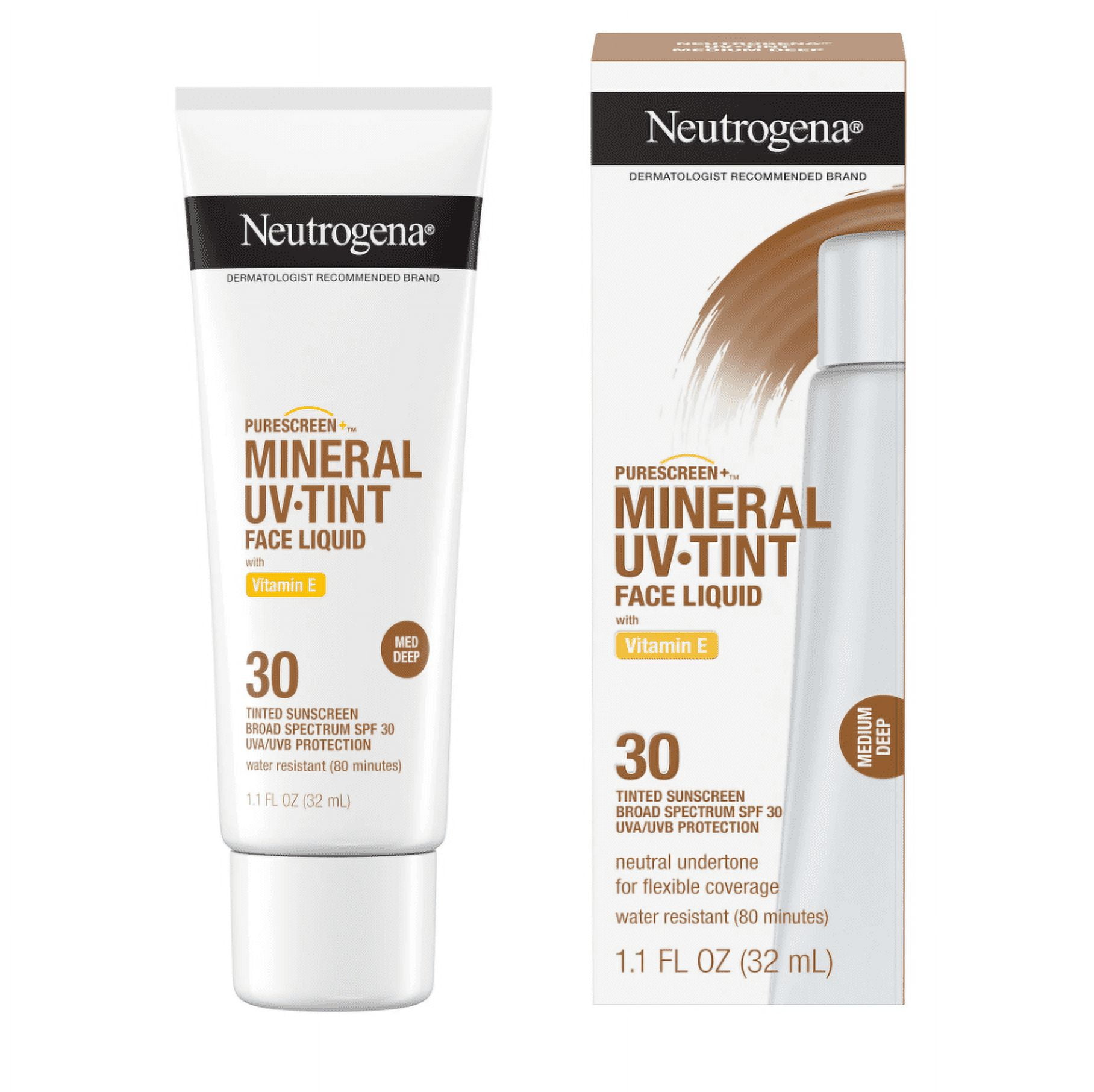 Neutrogena Purescreen+ Tinted Mineral Sunscreen Face Liquid with Vitamin E SPF30 Medium Deep 1.1 ...