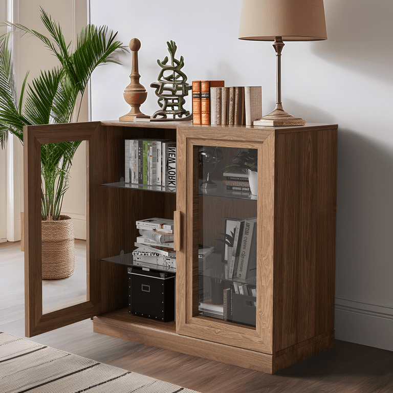 31 x31 x16 Modern Rectangle Wood Storage Cabinets with Glass Door for Livingroom Wood Color Walmart