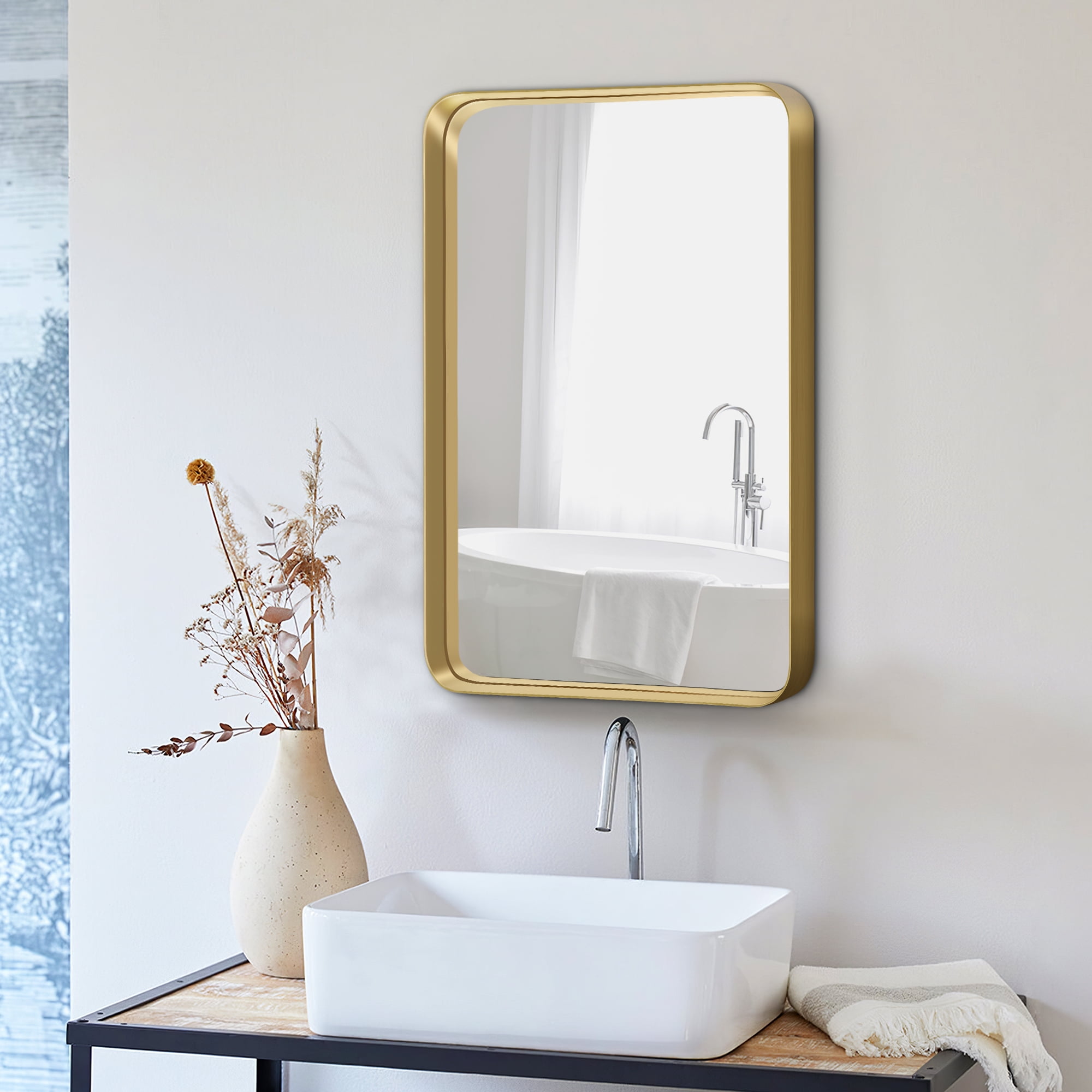 50"x32" Aluminum Alloy Wall Mount Rounded Corner Rectangular Mirror ...