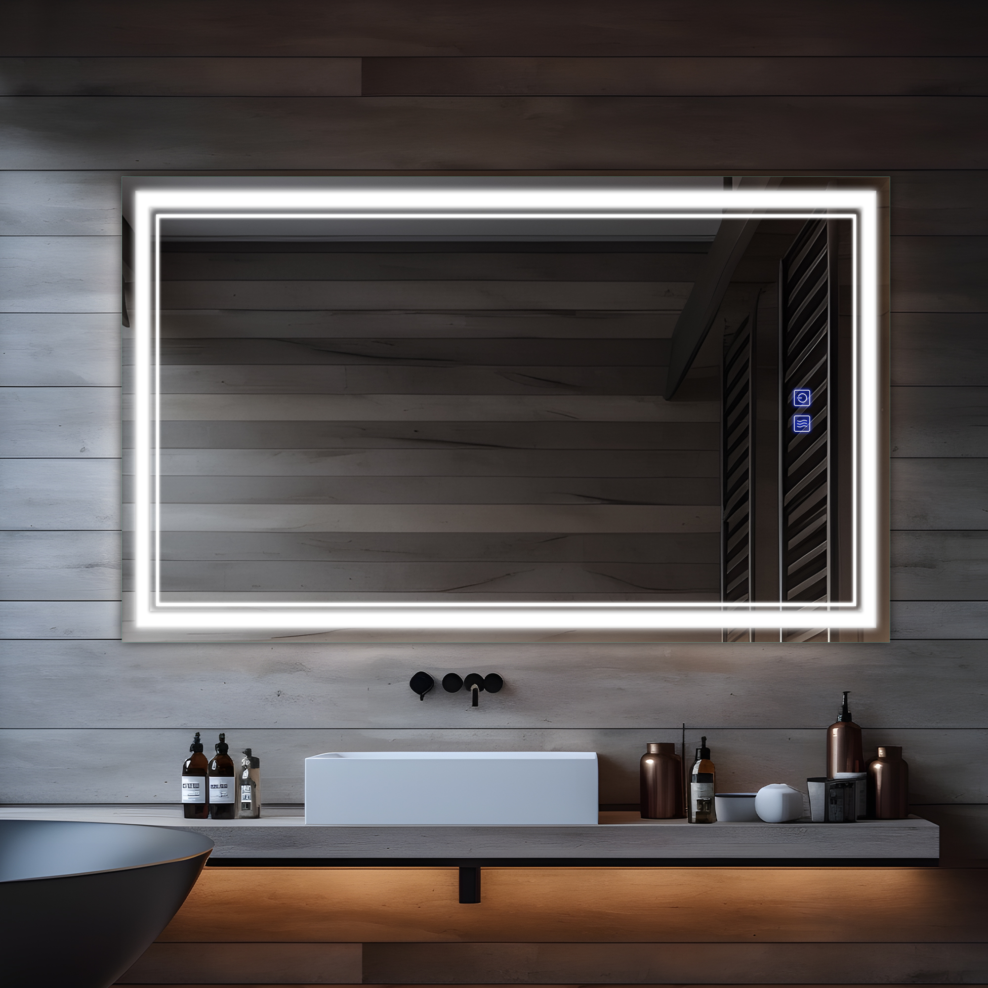 59"x35" LED Ring Wall Mounted Bathroom Mirror Modern Rectrangle Vanity ...