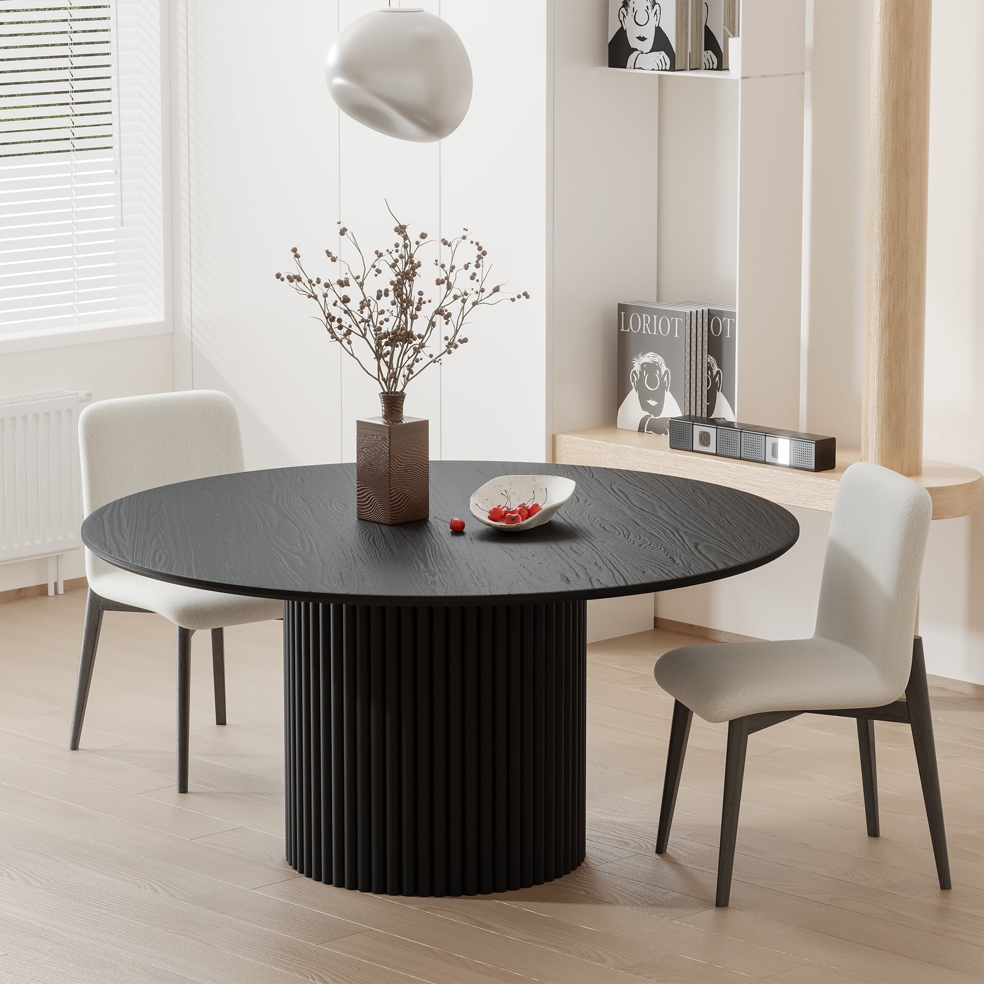 60" Modern Oak Wood Dining Table Large Round Dining Room Tables,Black ...