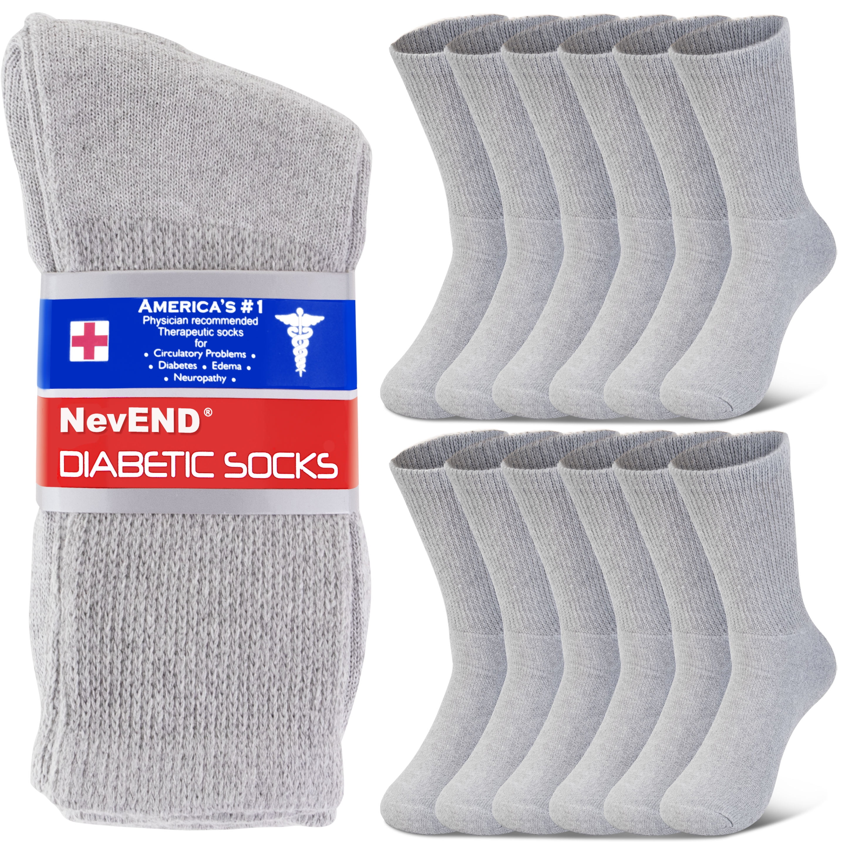 NevEND Cotton Diabetic Socks Crew, Extra Wide Grey, 12 Pairs, X-Large ...