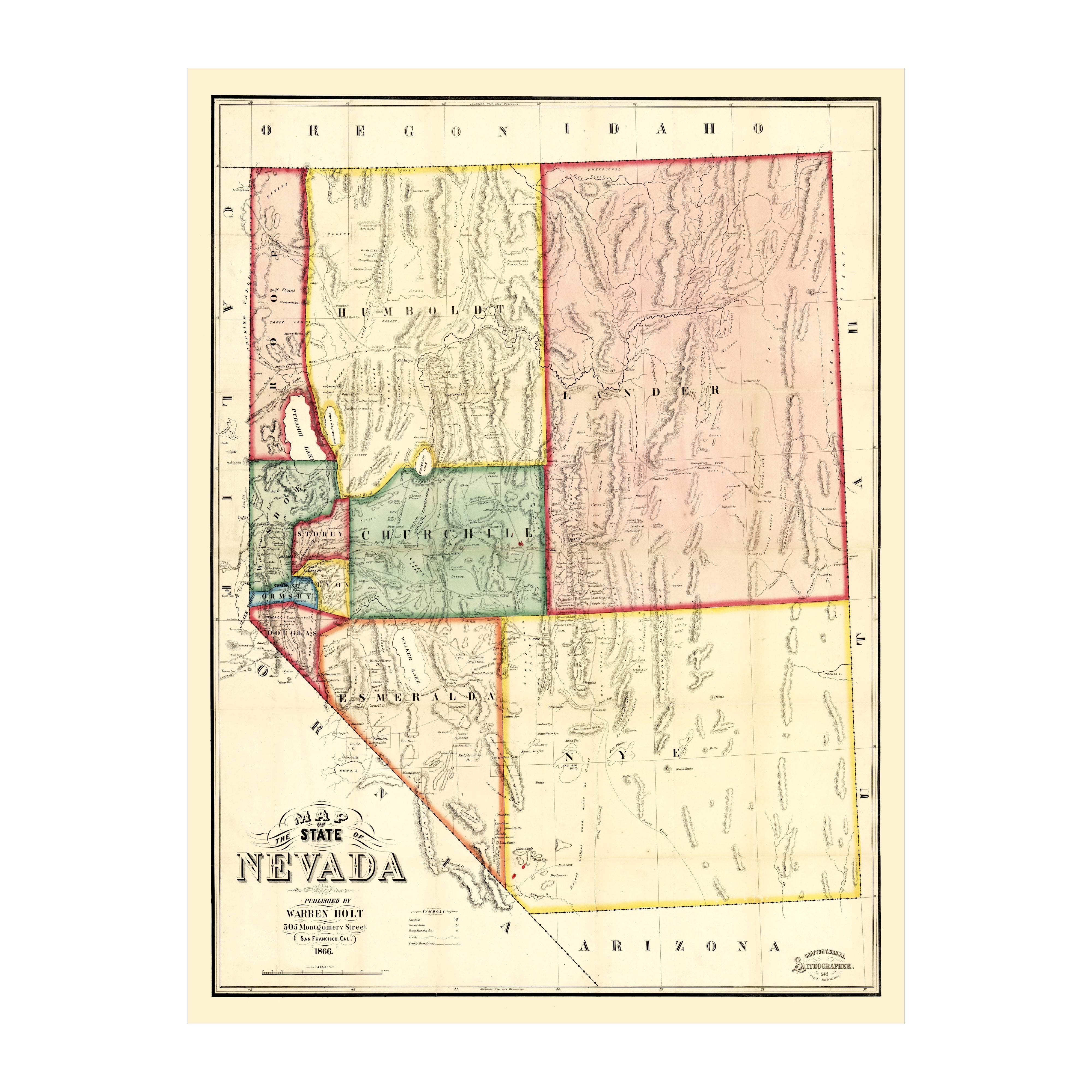 Nevada Art, 1866 Vintage Map of Nevada History Wall Decor Gift, Old ...