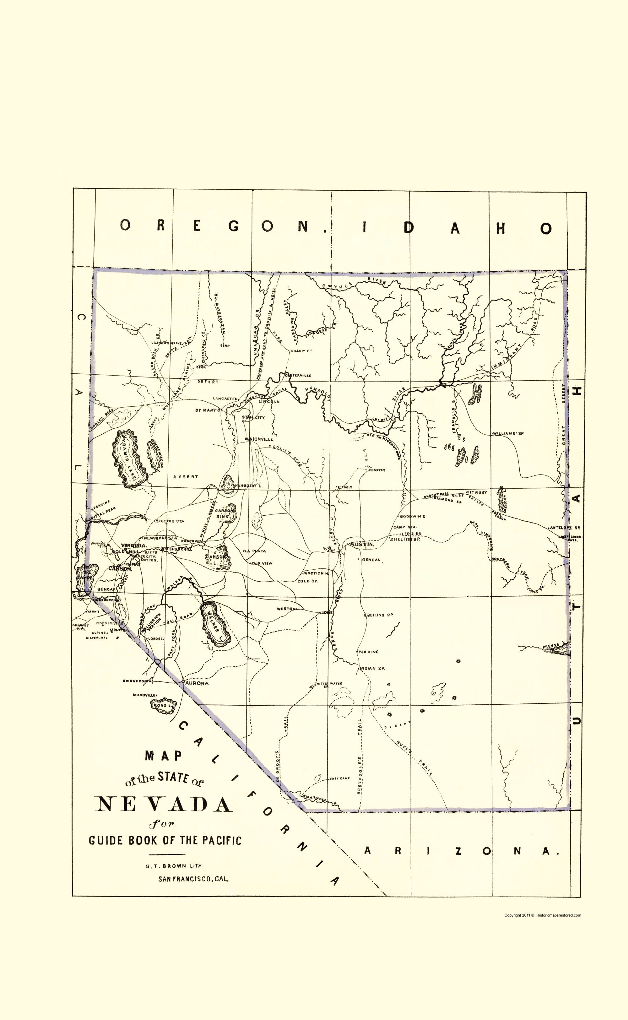 Historic State Map - Nevada - Brown 1865 - 23 x 37.35 - Vintage Wall ...