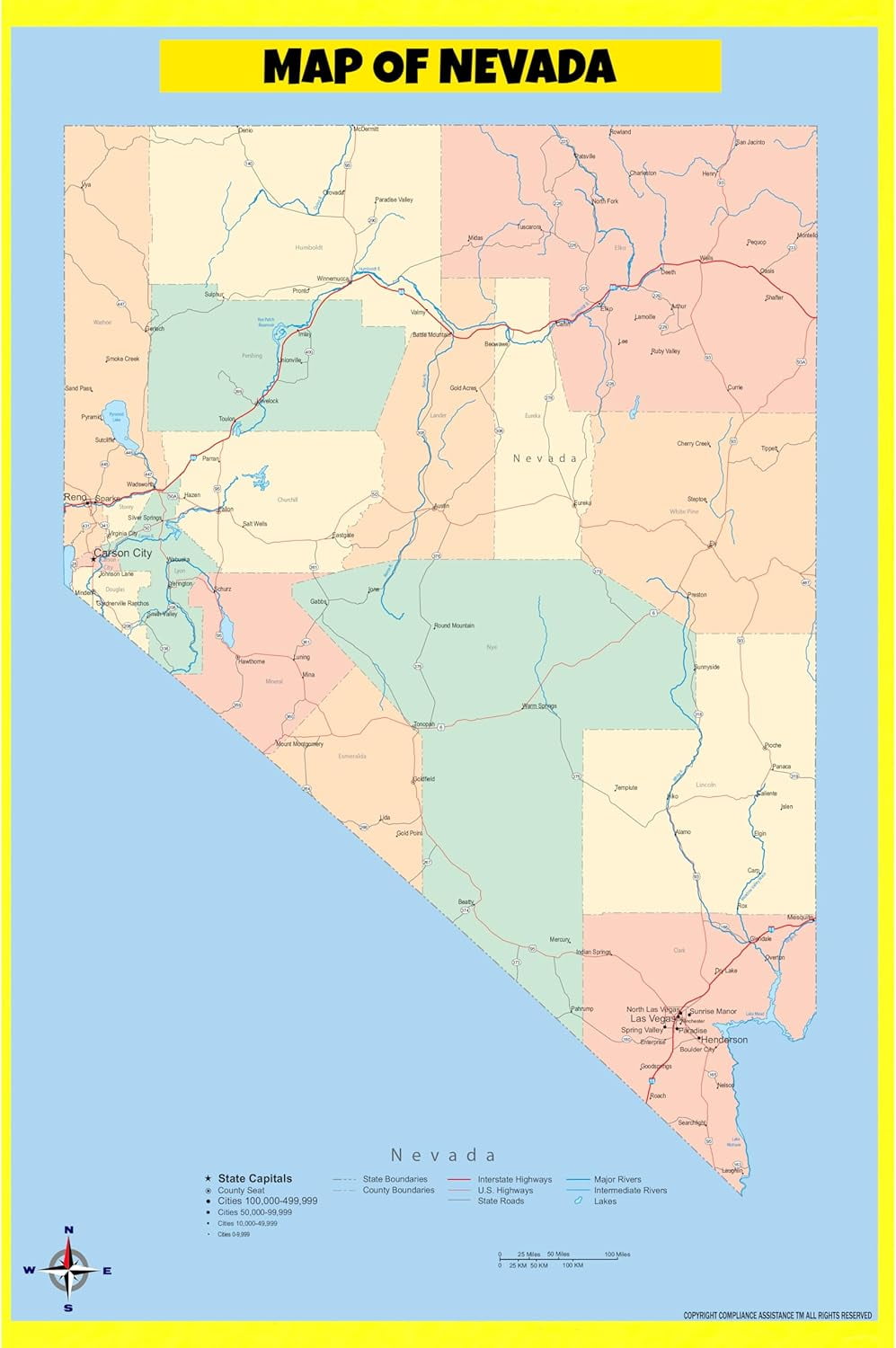 Nevada Map Poster - Laminated Wall Map - Style A - 18x24 - Ideal for ...