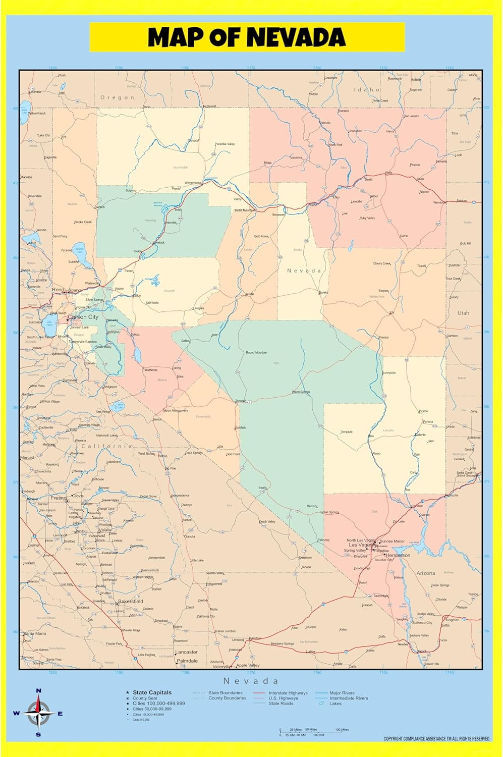 Nevada Map Poster - Laminated Wall Map - Style C - 24x36 - Ideal for Classrooms and Homes ...