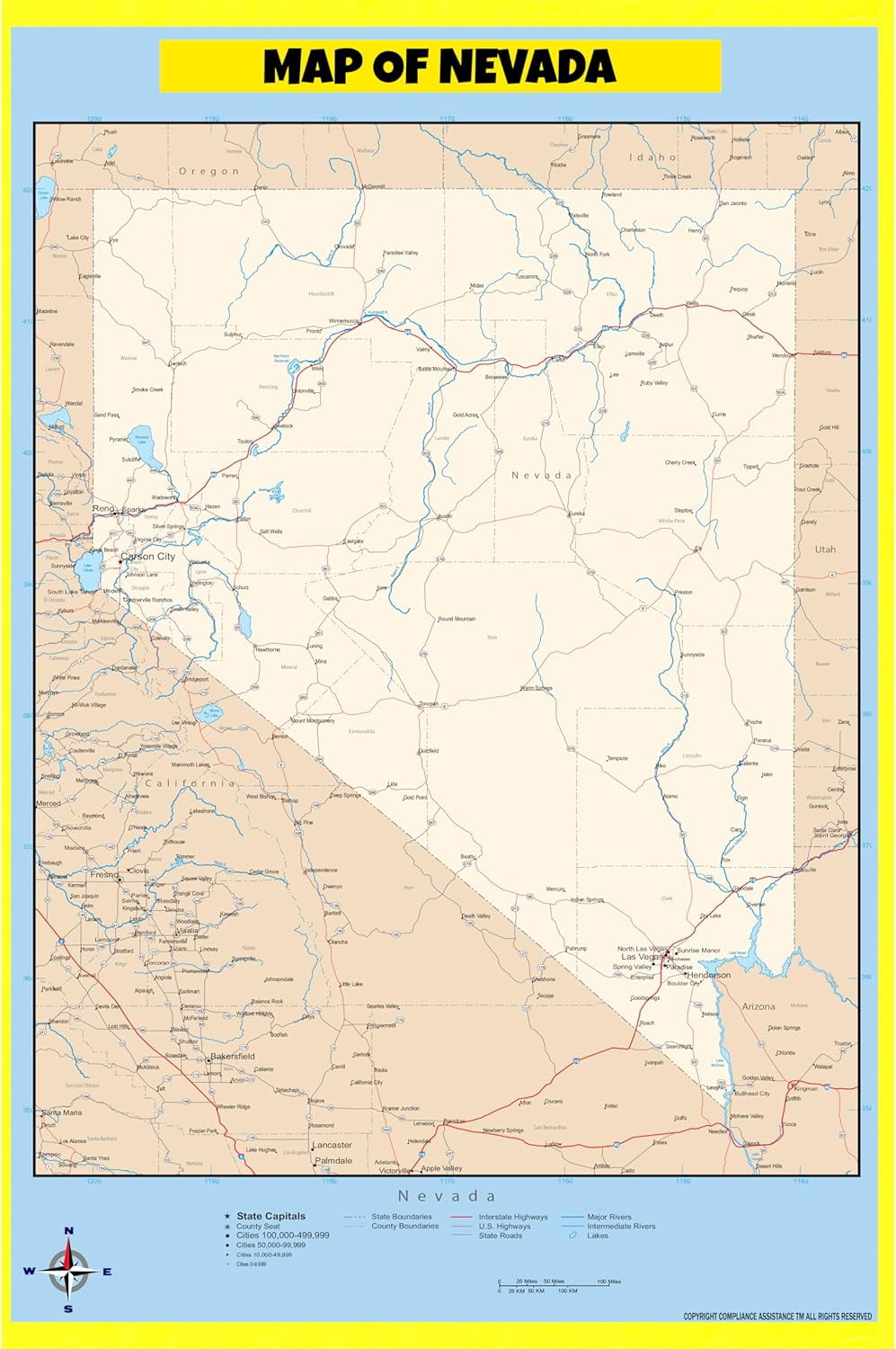 Nevada Map Poster - Laminated Wall Map - Style D - 20x30 - Ideal for Classrooms and Homes ...