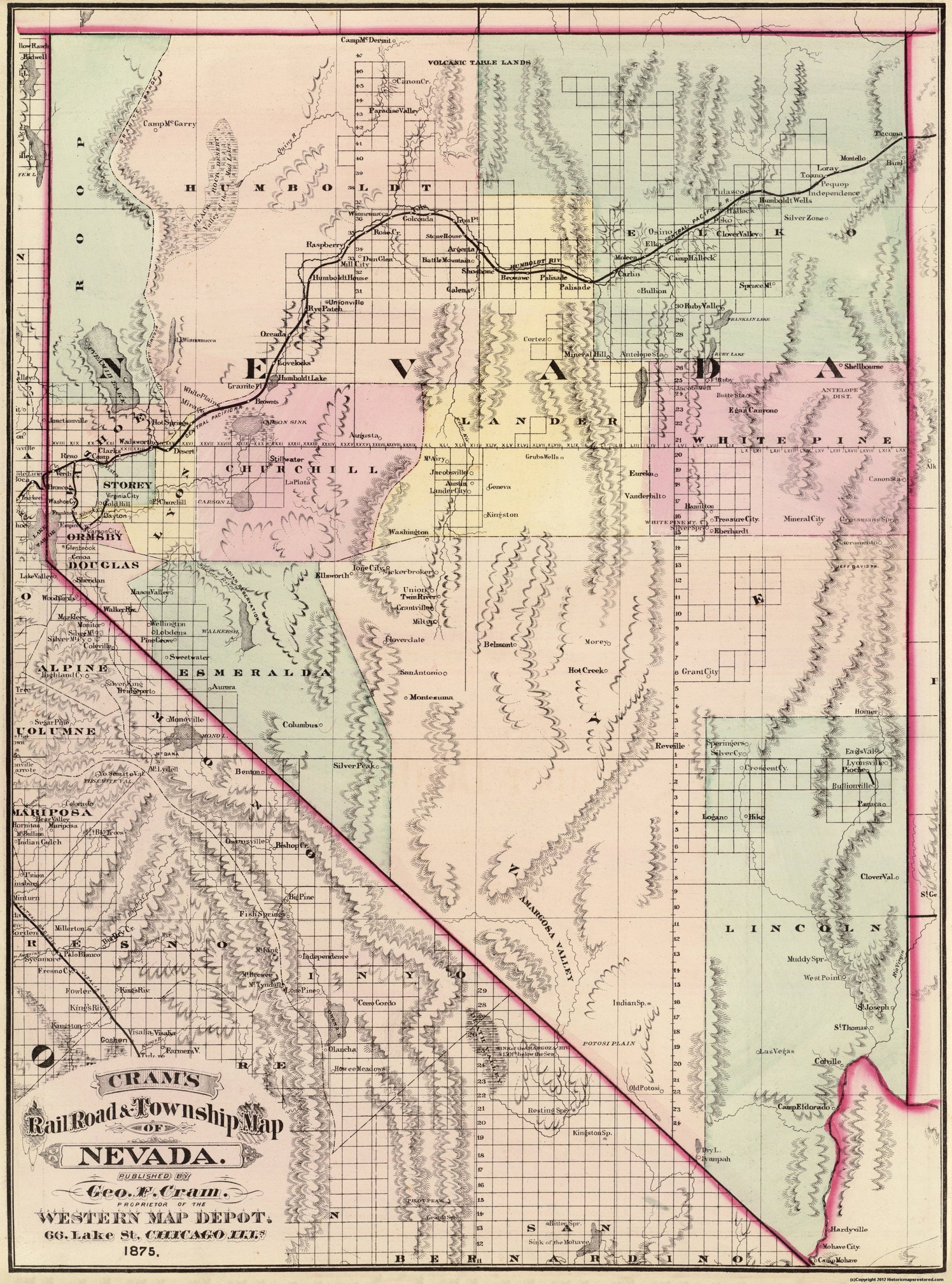 Railroad Map - Nevada Railroads Townships - Cram 1875 - 23 x 29.69 ...