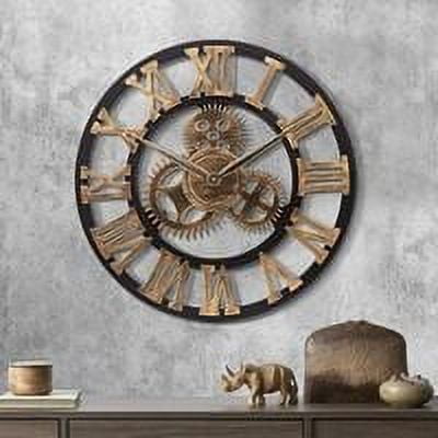 NeveLance Wall Clock Gears Gold Giant Industrial Wood 58cm Quartz Wall ...