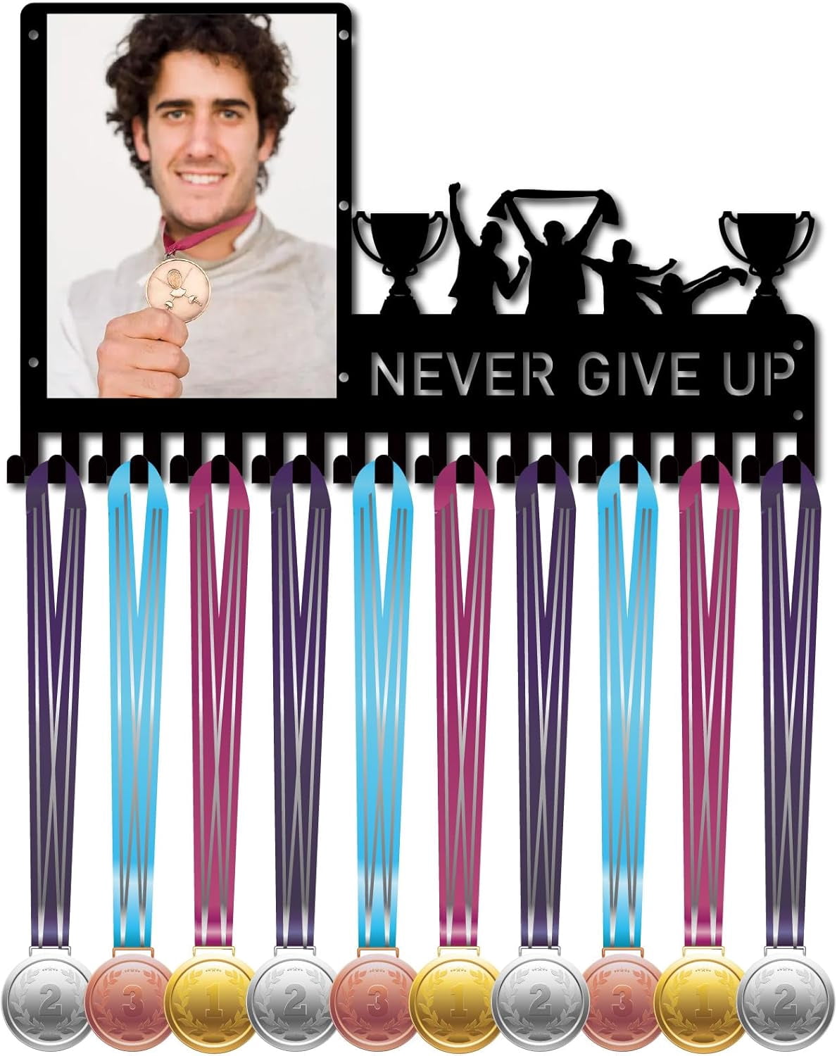 Never Give Up Medal Hanger Display Trophy Medals Holder Rack with Photo ...