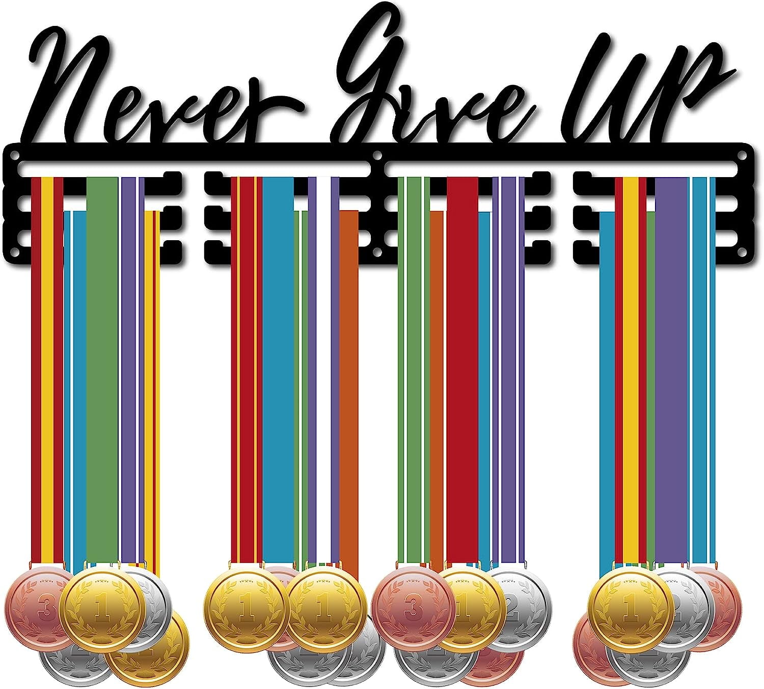 NOBRAND Never Give Up Medal Holder, Black Metal Display Rack, Wall ...
