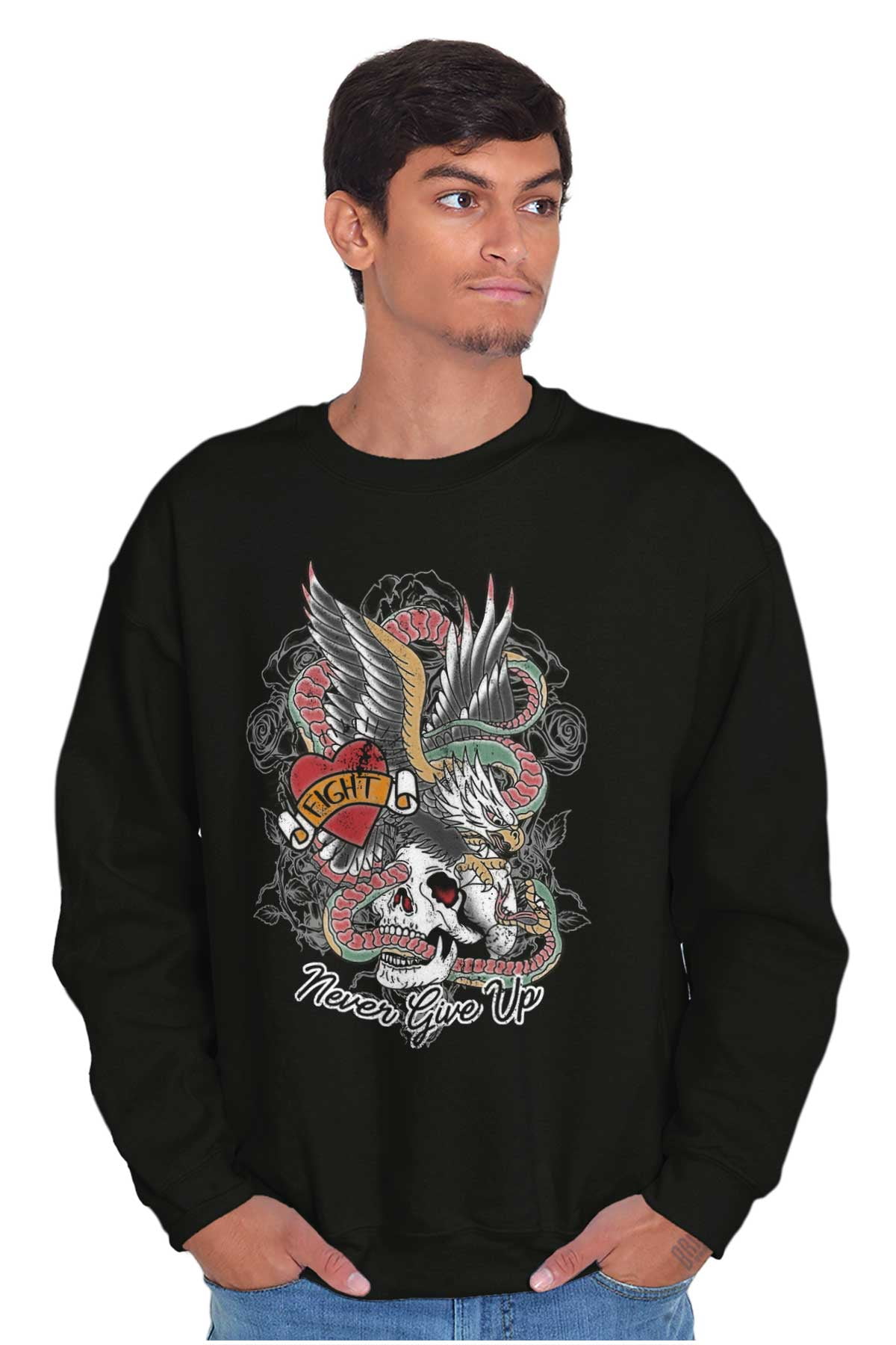 Never Give Up Fight Skull Tattoo Unisex Plus Size Sweatshirt Brisco ...